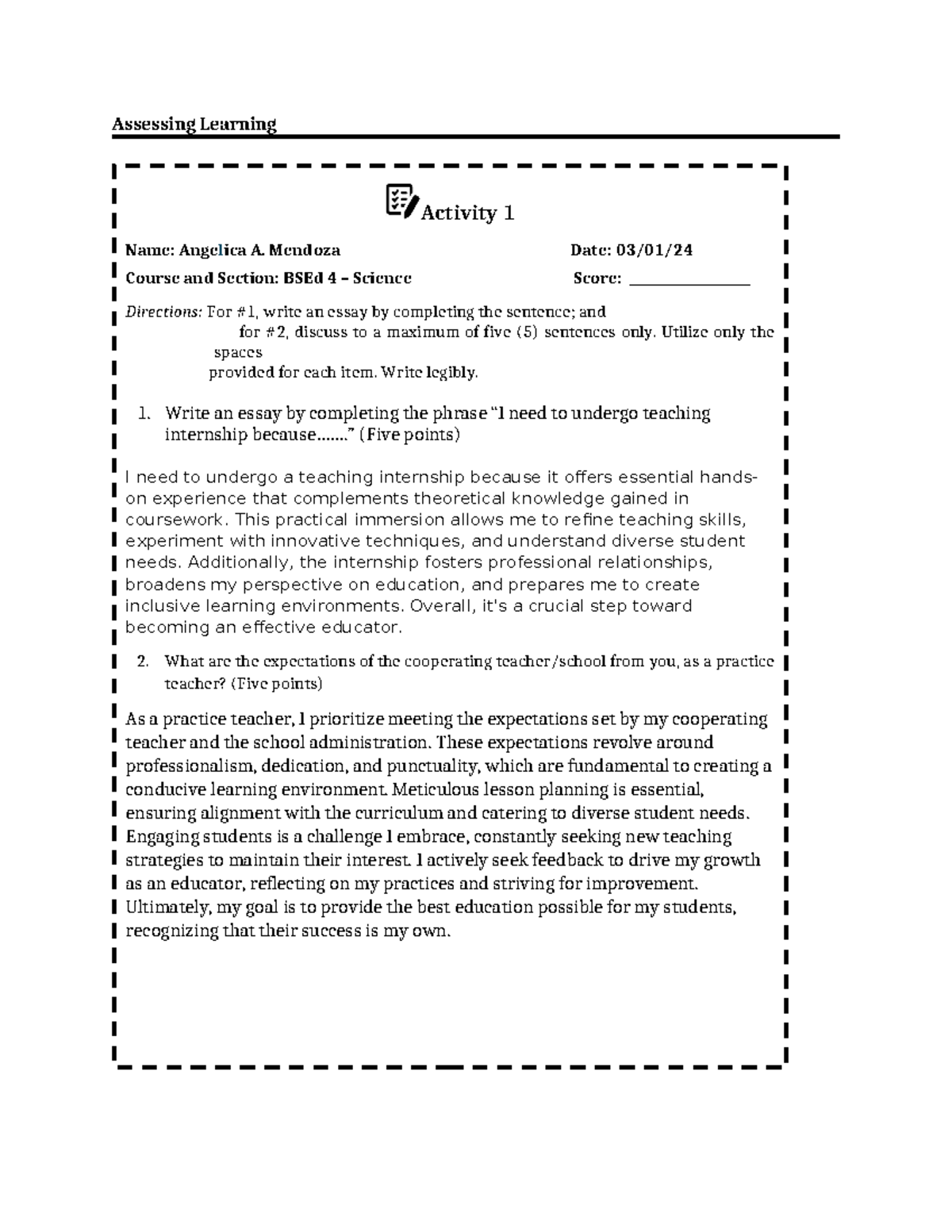 Activity 1-3 - essay about teaching internship - Activity 1 Name ...