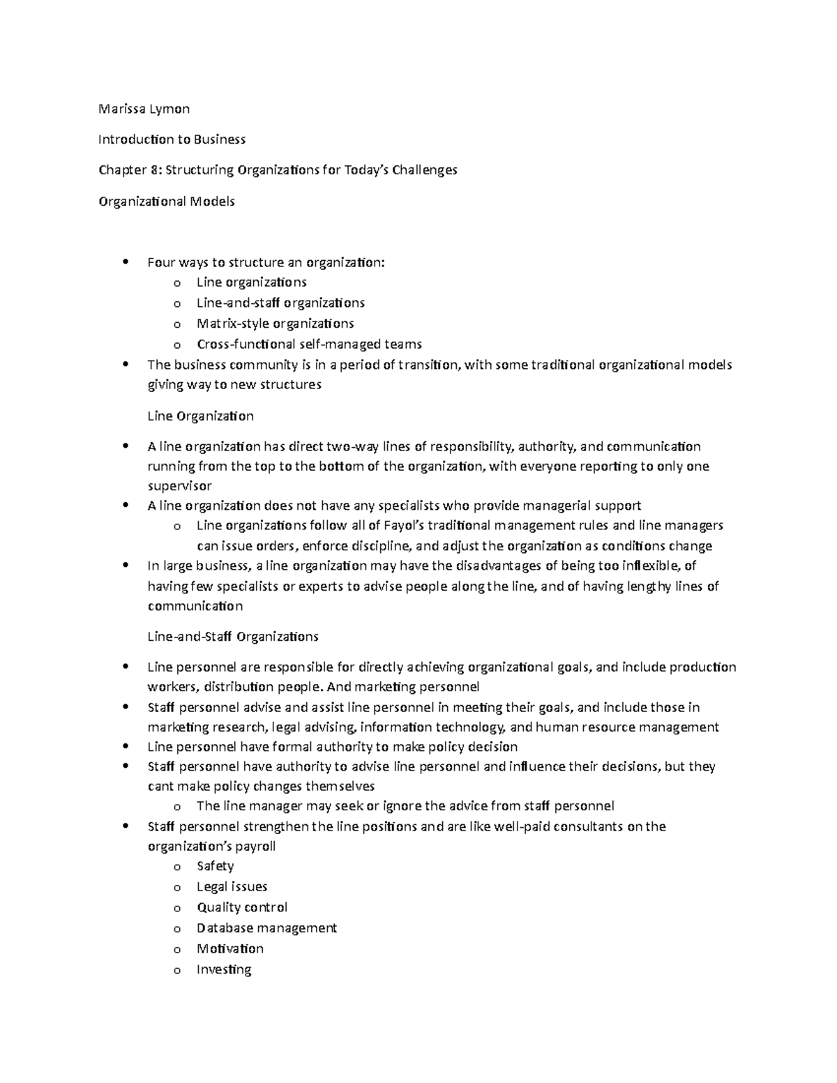 Organizational Models - Marissa Lymon Introduction to Business Chapter ...