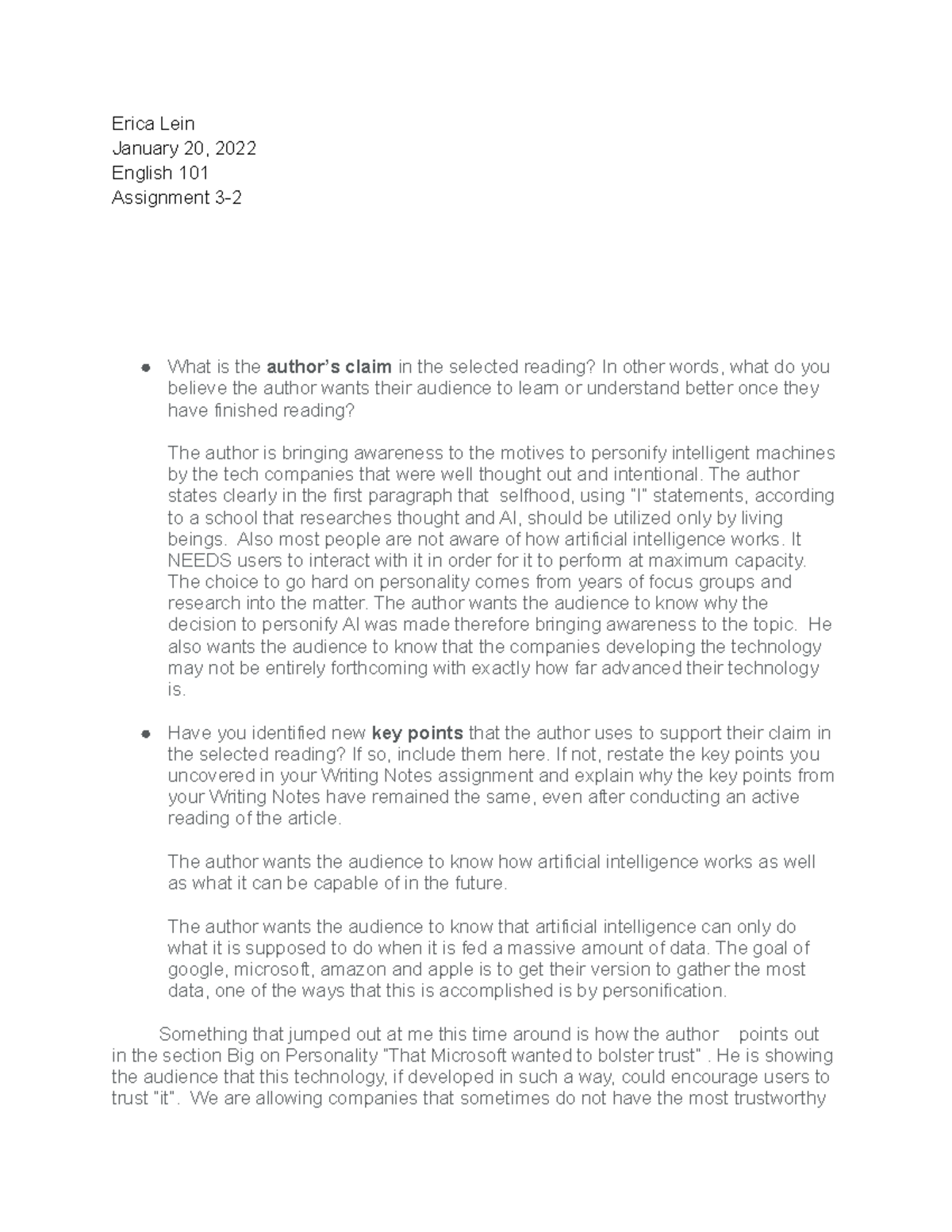 English assignment 3-2 Main claim - Erica Lein January 20, 2022 English ...