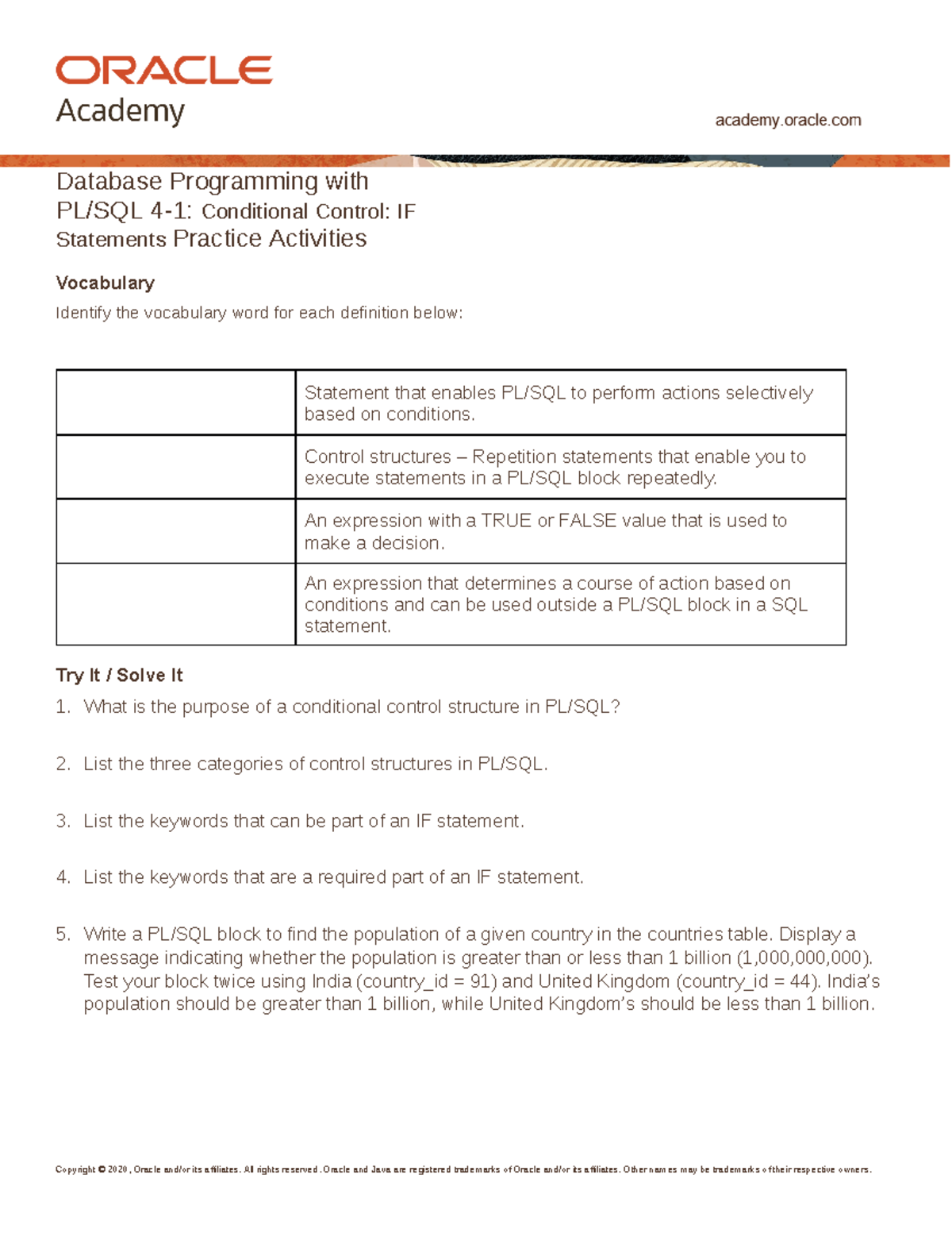 Plsql 4 1 Practice Practical Work Copyright © 2020 Oracle Andor Its Affiliates All Rights