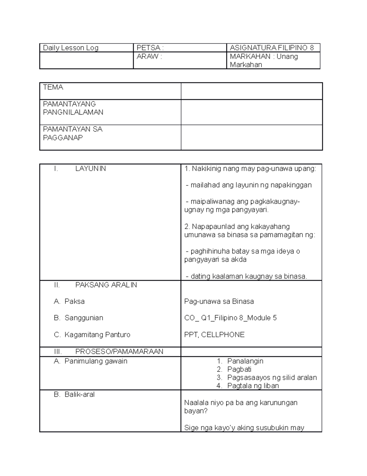 Modyul-5-LP - vchh - Daily Lesson Log PETSA : ASIGNATURA FILIPINO 8 ...