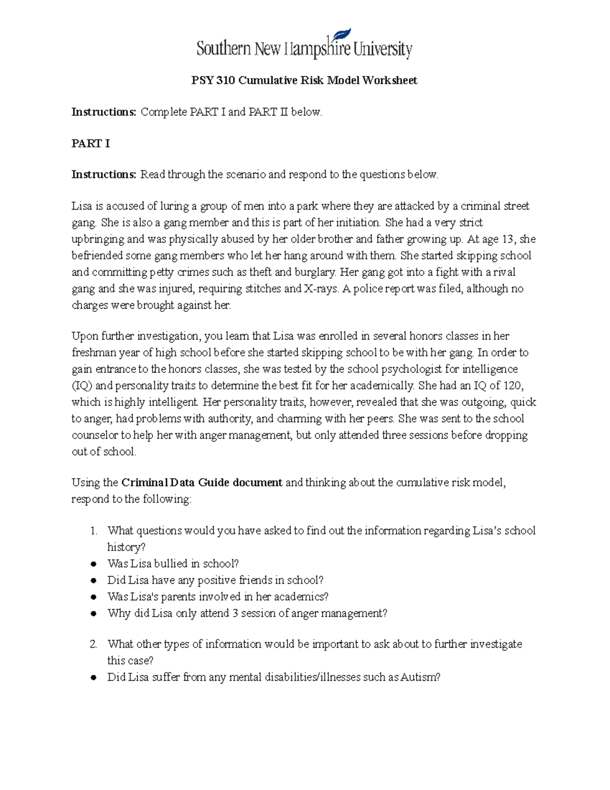 PSY 310 Cumulative Risk Model Worksheet - PSY310 - SNHU - Studocu