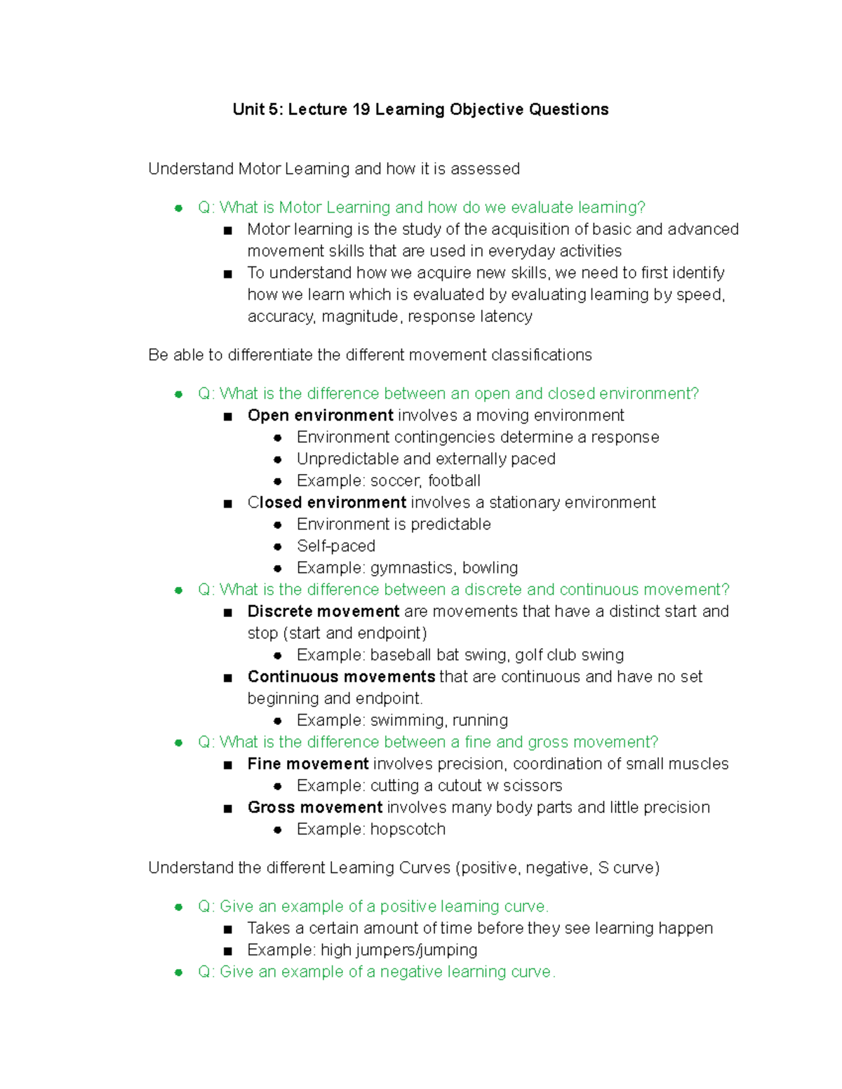 Unit 5 Lecture 19 - Uni 5: Lece 19 Leaning Objecie Qeion Understand Motor Learning and how it is ...