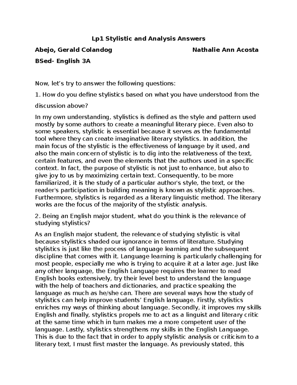 Lp1 Answers of Stylistics and Discourse Analyis Abejo Gerald C - Lp1 ...