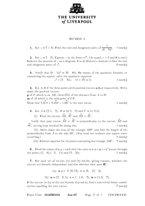 Math103-Jan2023-exam - PAPER CODE NO. MATH 103 EXAMINER: Prof V ...