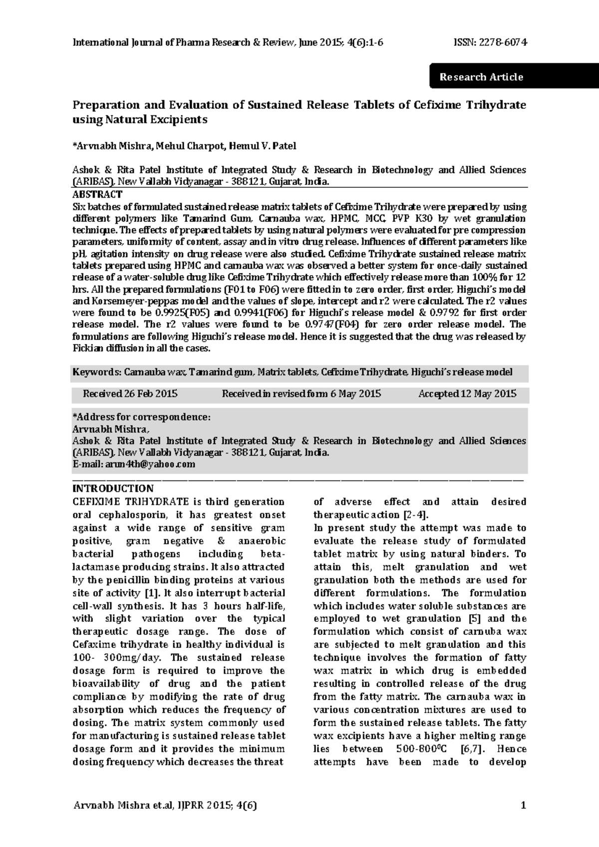 Preparation And Evaluation Of Sustained Release Tablets Of Cefixime Trihydrate Using Natural