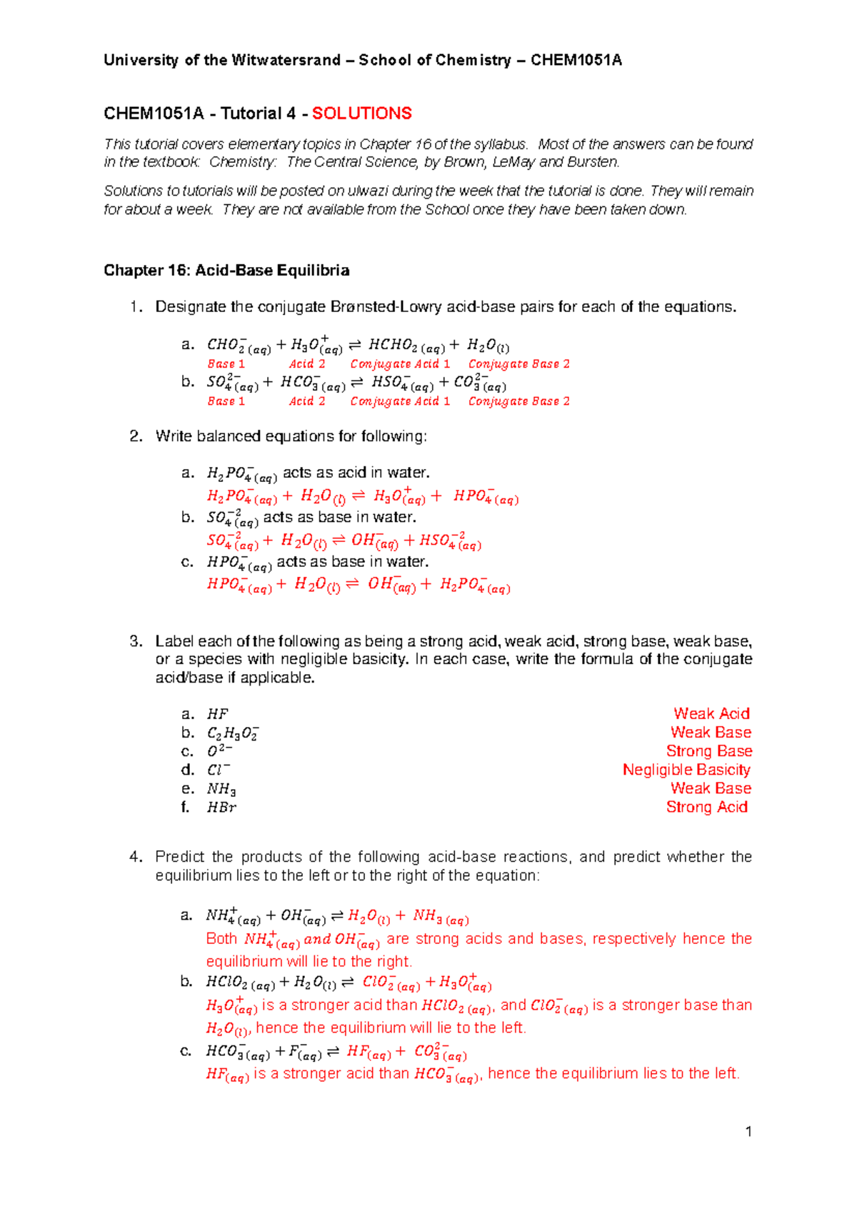 CHEM1051A Tut 4 Solutions 2024 - CHEM1051A - Tutorial 4 - SOLUTIONS ...