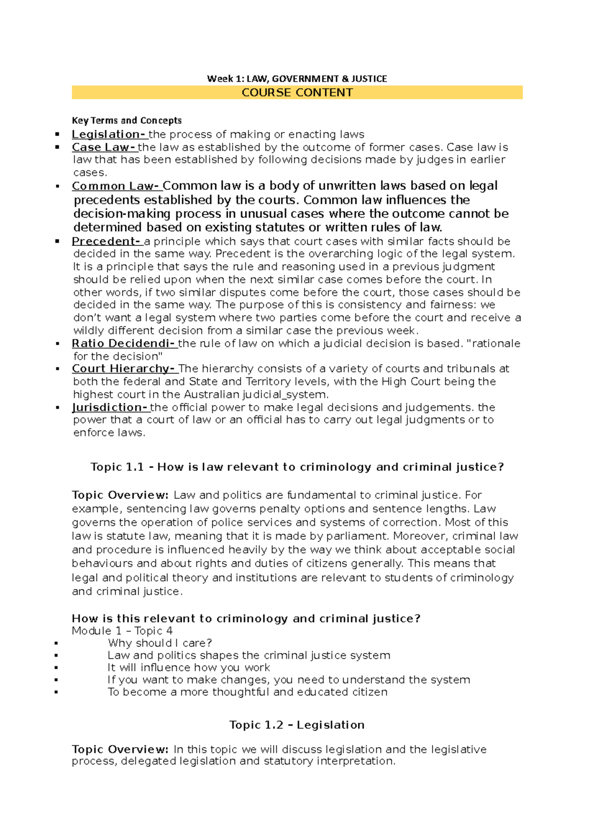 Law Government and Justice Notes - Week 1: LAW, GOVERNMENT & JUSTICE ...