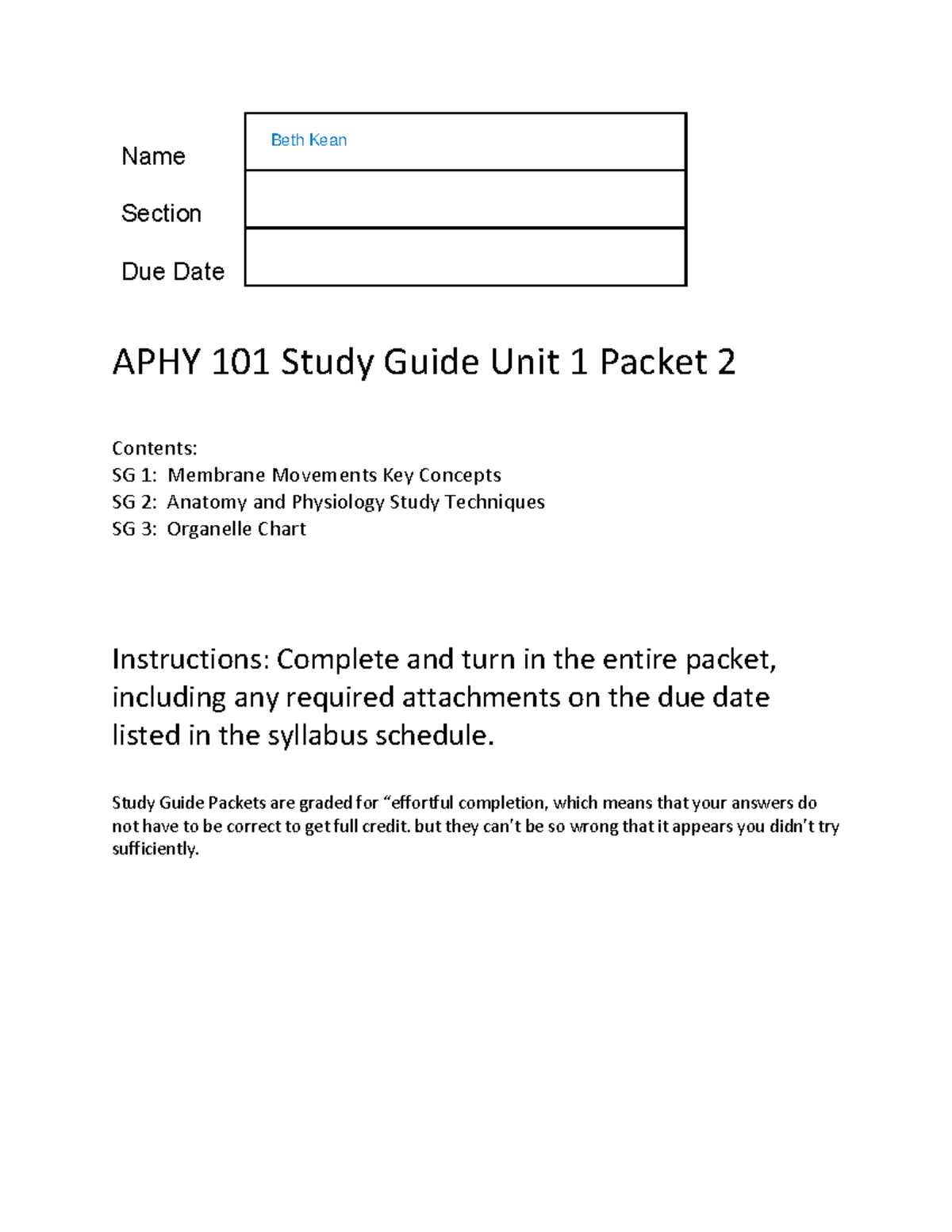 APHY101 Study Packet 1-2 - Name Section Due Date APHY 101 Study Guide ...