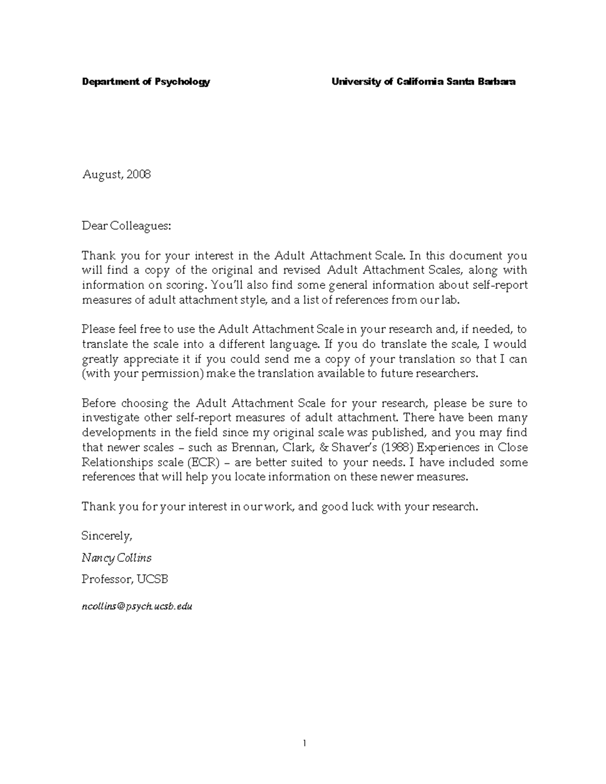 Adult Attachment Scale - In this document you will find a copy of the ...