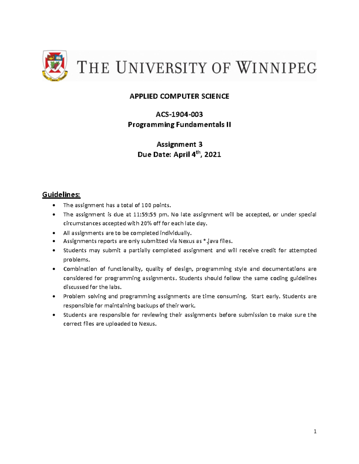 ACS-1904-003 Assignment 3 - APPLIED COMPUTER SCIENCE ACS-1904- Programming Fundamentals II - Studocu