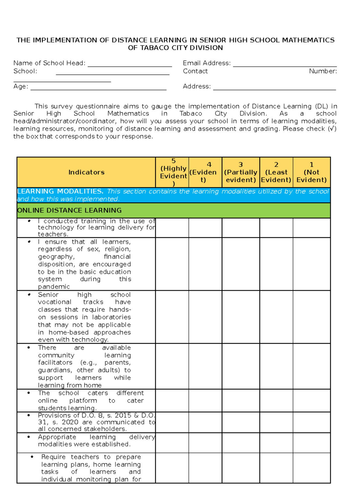 research instrument for researchers - THE IMPLEMENTATION OF DISTANCE ...