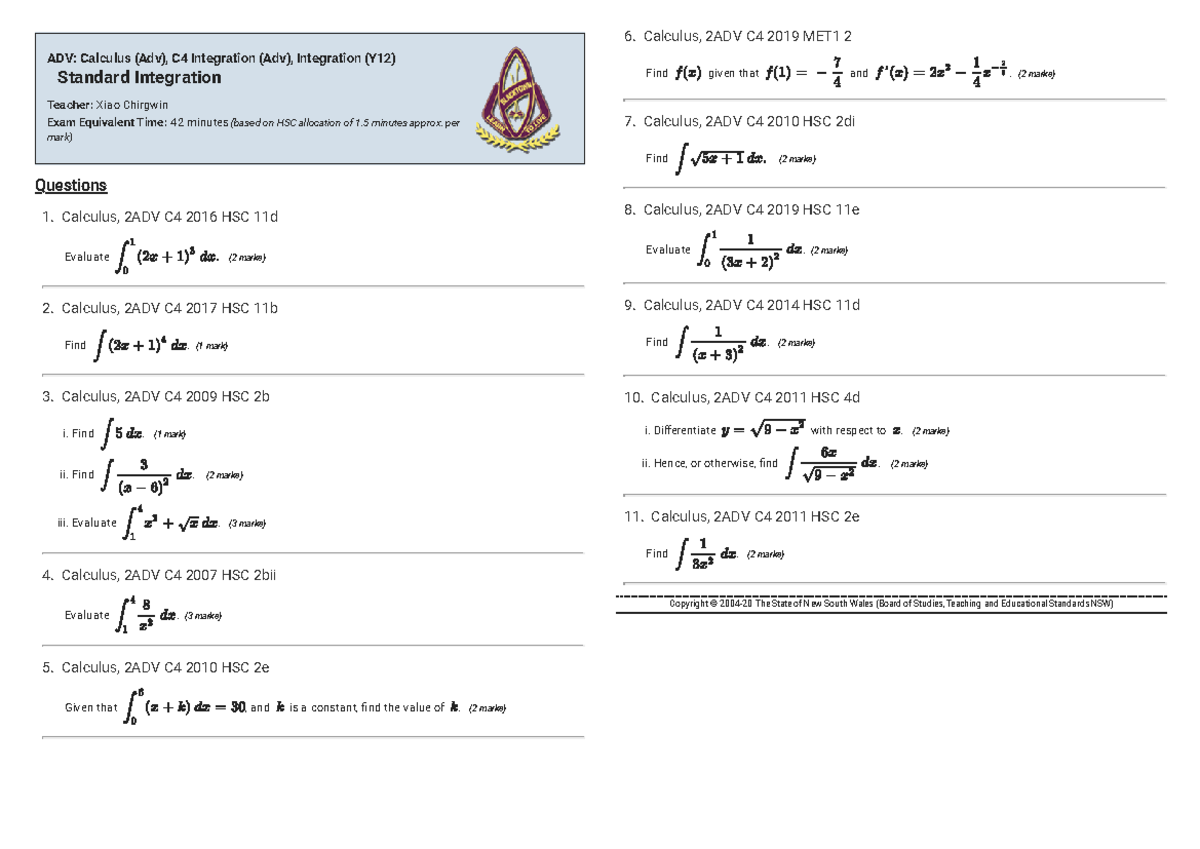 2021 standard integration past HSC Q&A - 1. Calculus, 2ADV C4 2016 HSC ...