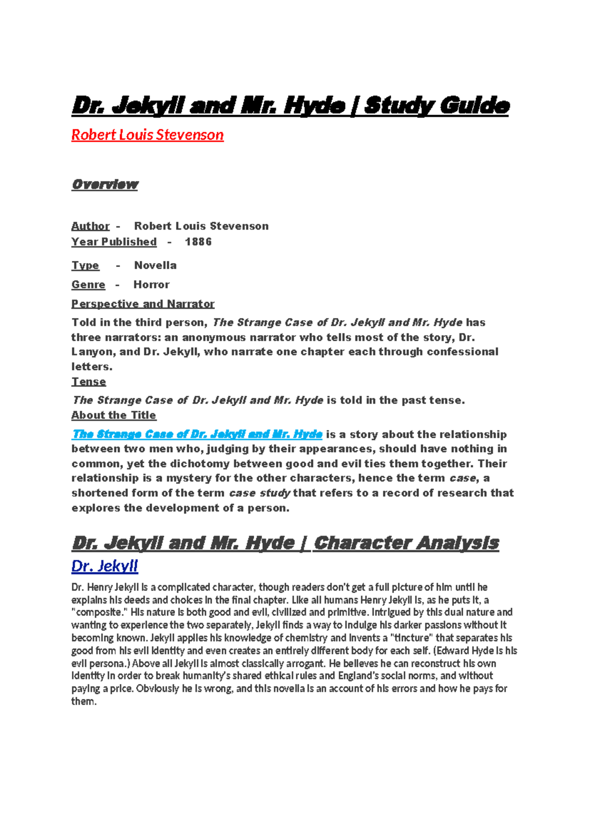 Dr. Jekyl and Mr. Hyde - Its my notes - Dr. Jekyll and Mr. Hyde | Study ...