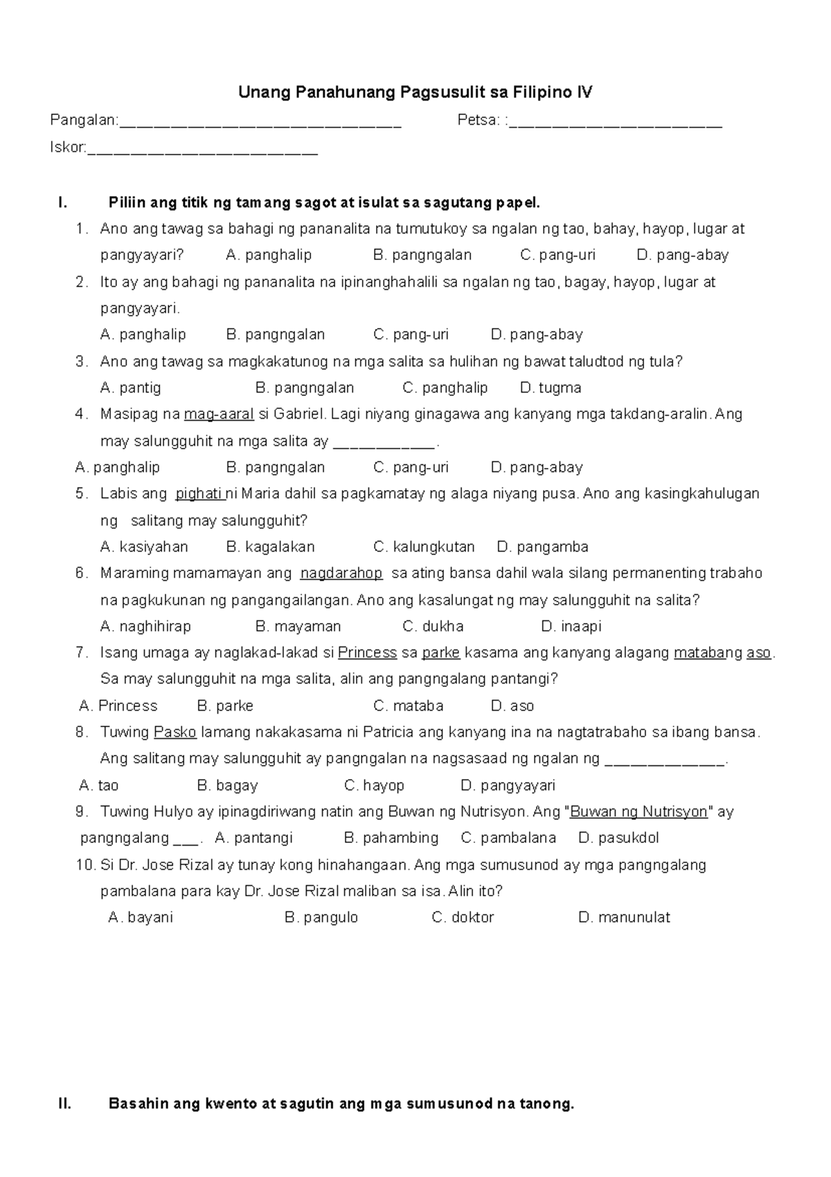 PT Filipino 4 Q1 - FOR EDUCATIONAL PURPOSES - Unang Panahunang ...