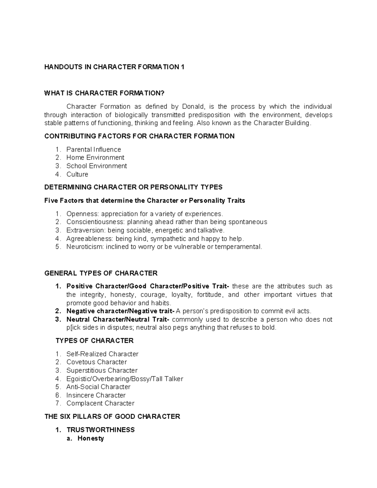 Character Formation - a lecture notes intended for the criminology ...