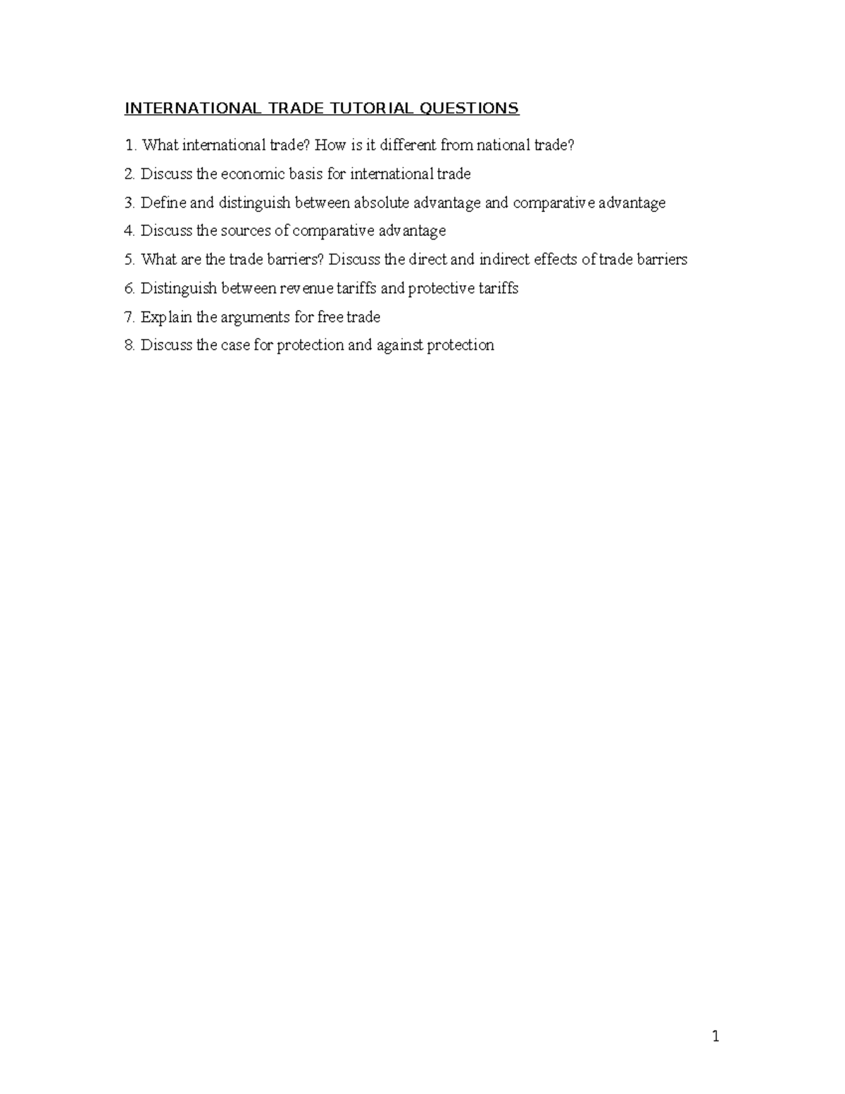 International Trade Tutorial Questions - INTERNATIONAL TRADE TUTORIAL ...