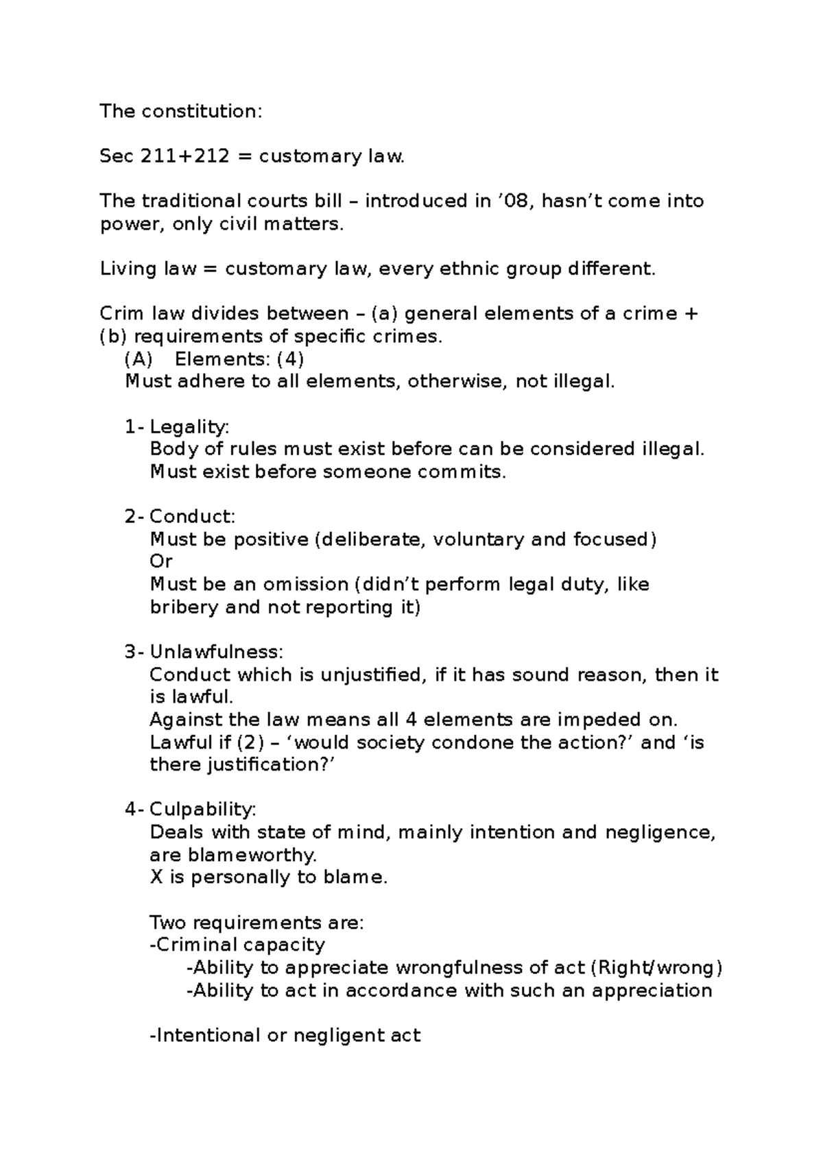 CRW2603 notes - The constitution: Sec 211+212 = customary law. The ...