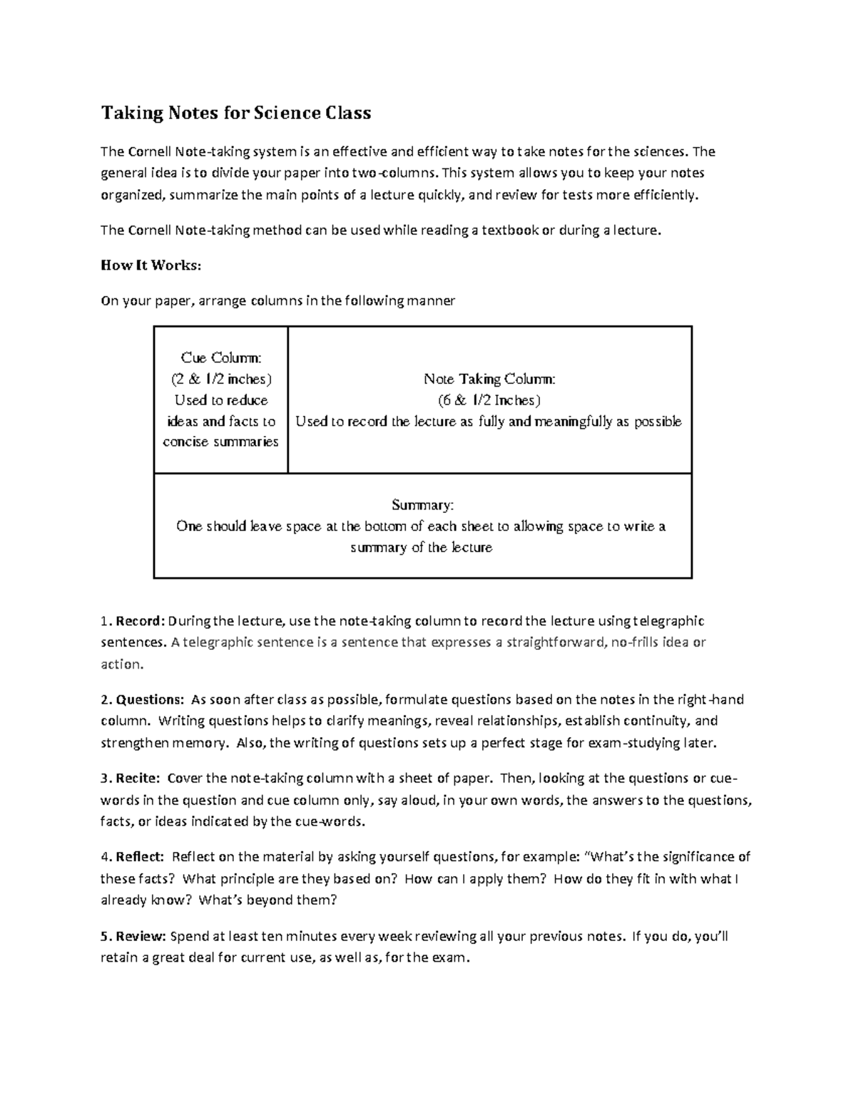 Taking Notes Handout - cnb - Cue Column: (2 & 1/2 inches) Used to ...