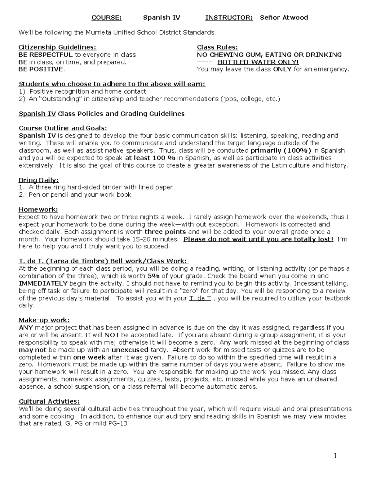 Span IV aug syllabus - Syallabus. - COURSE: Spanish IV INSTRUCTOR ...