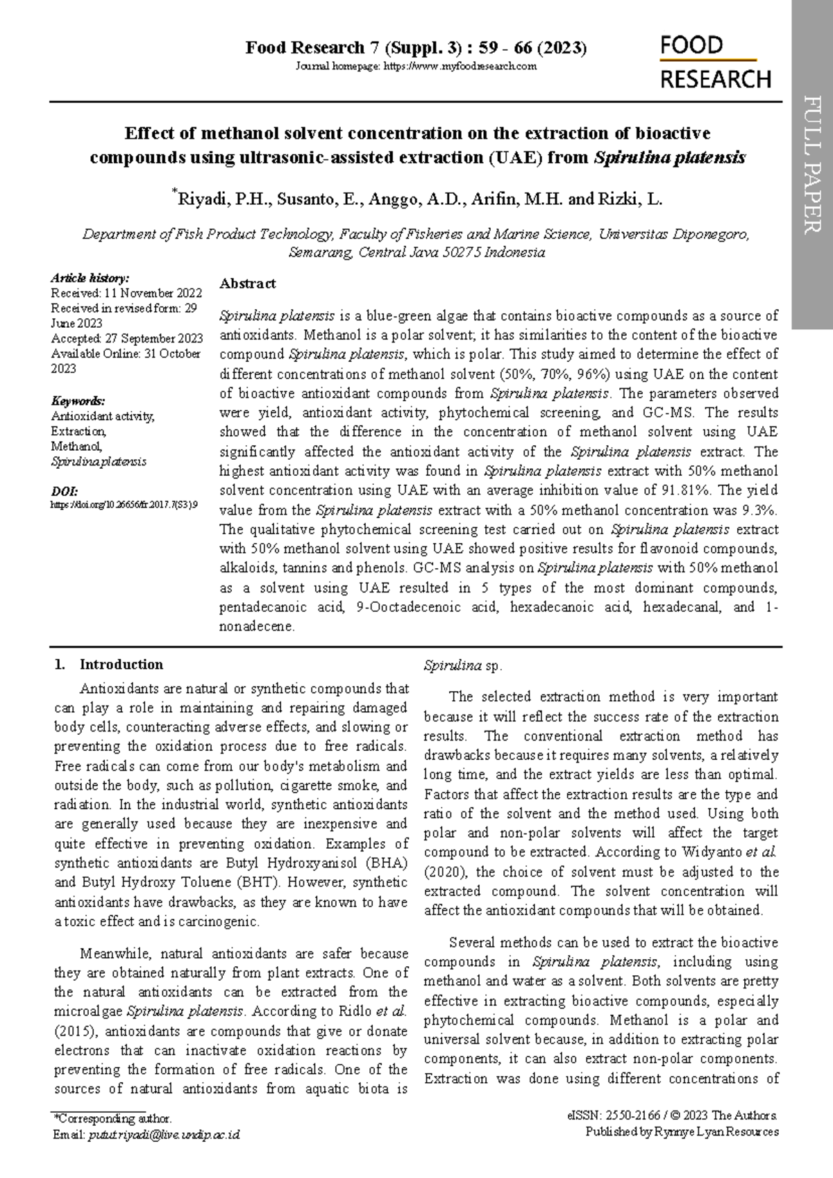 Effect of methanol solvent concentration on the extraction of bioactive ...