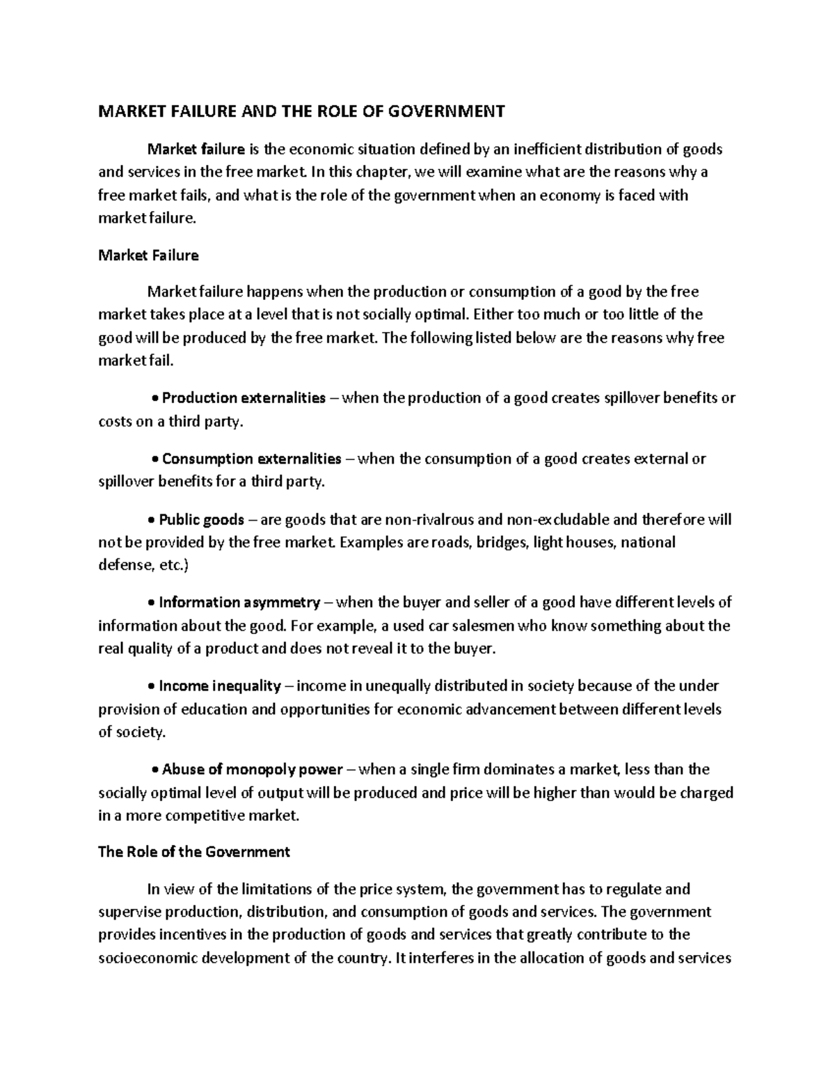 Market Failure and The Role of the Government - MARKET FAILURE AND THE ...