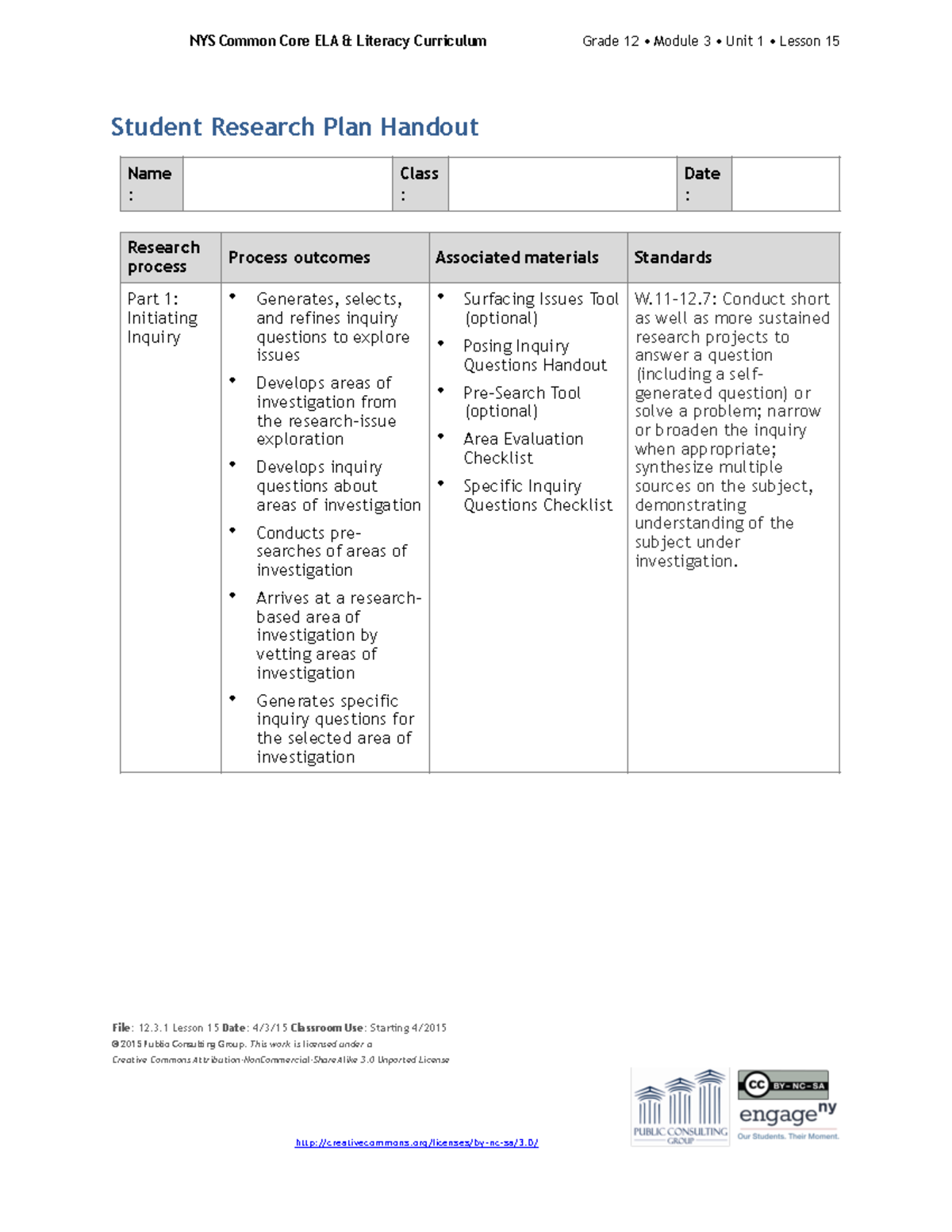 Grade 12 Student Research Plan Handout - NYS Common Core ELA & Literacy ...