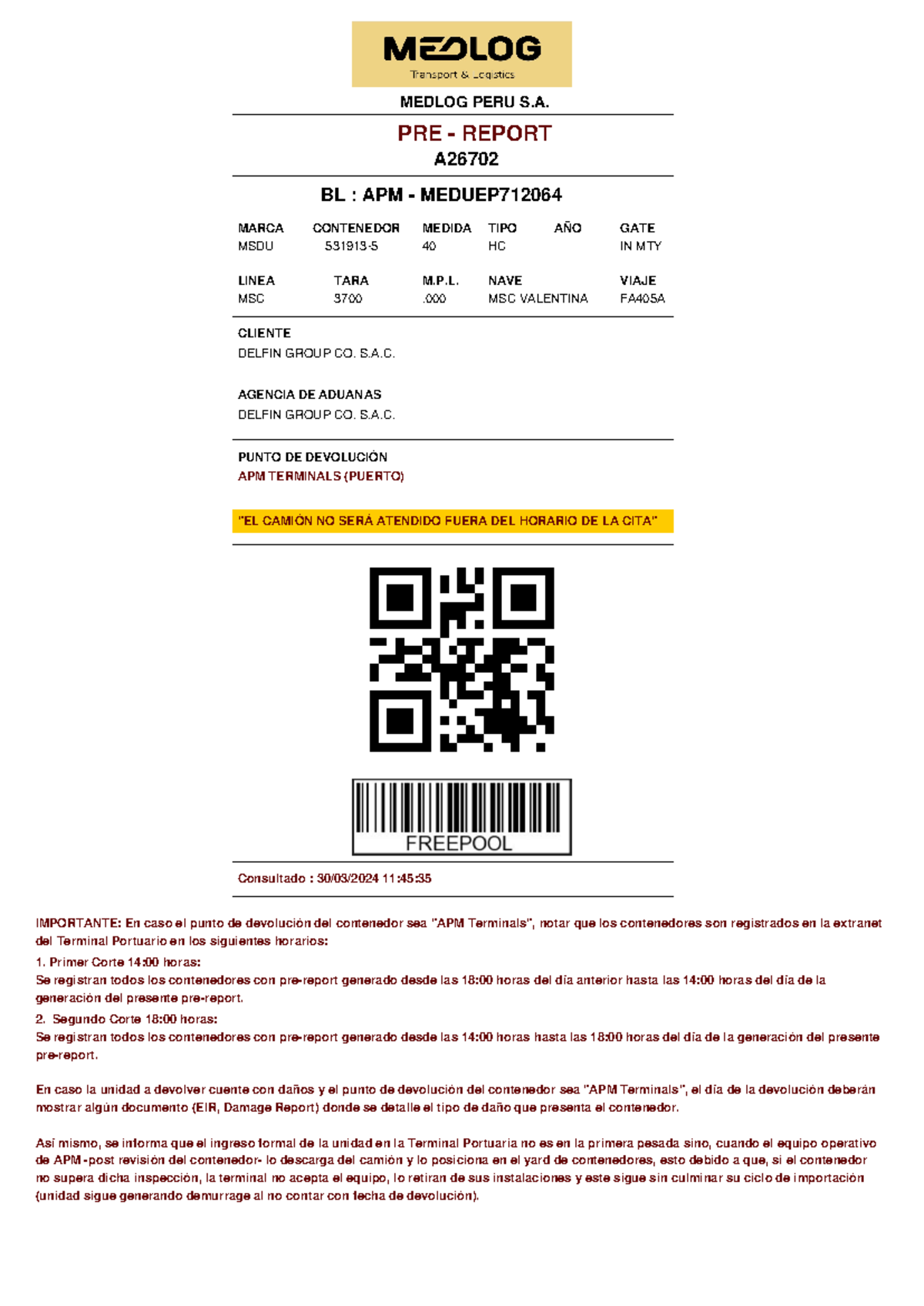 Prereport Meduep 712064 MSDU5319135 - MEDLOG PERU S. PRE - REPORT A BL ...