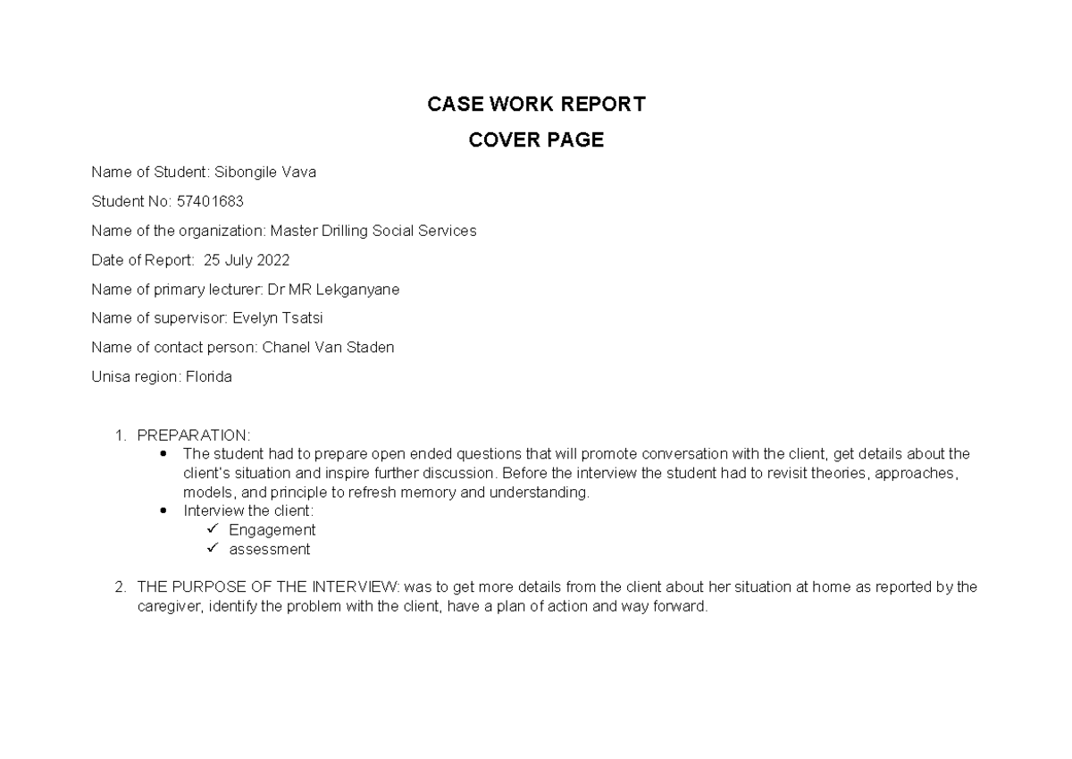 Casework Report 2022 ( Three) - CASE WORK REPORT COVER PAGE Name of ...
