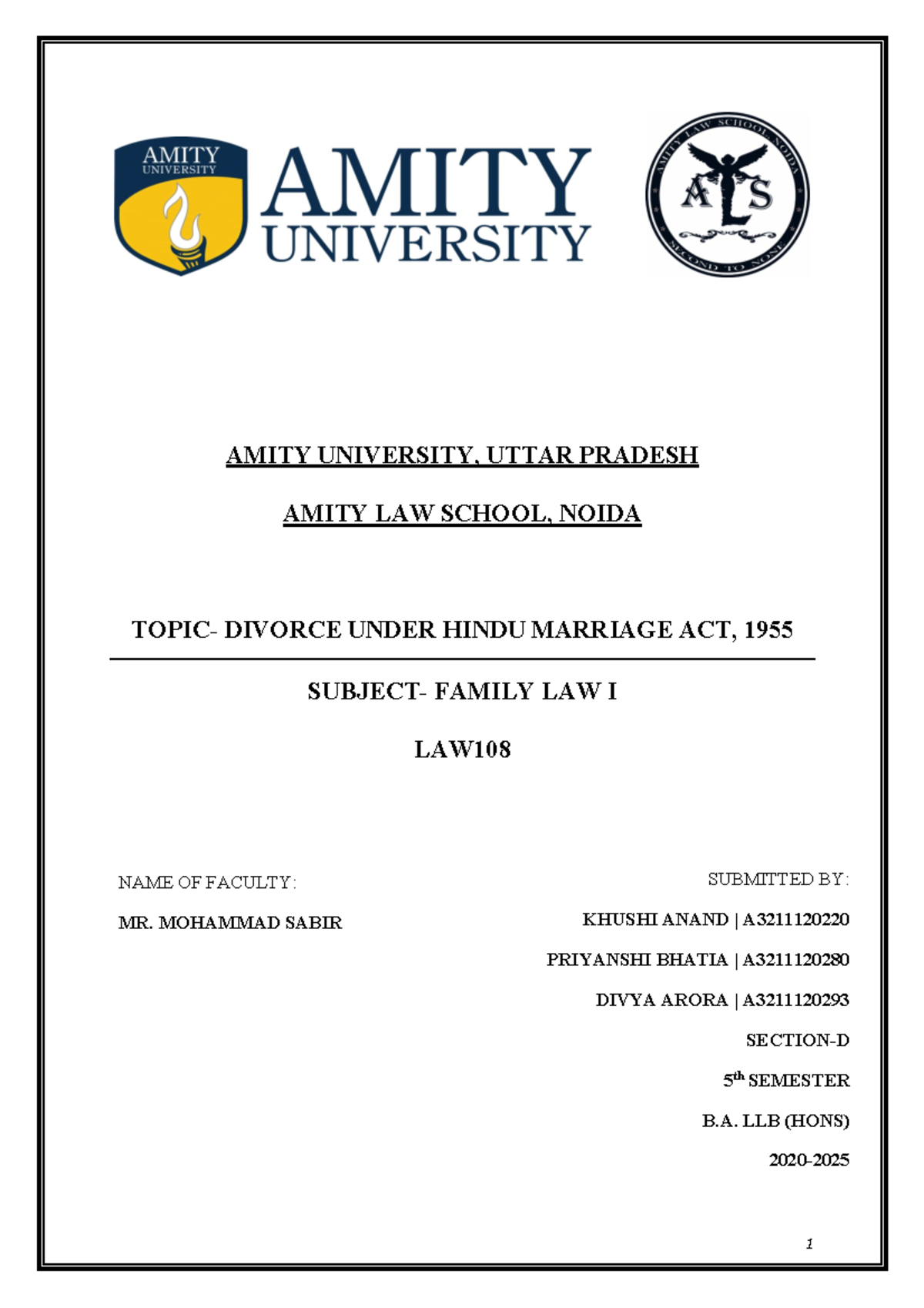 Family law project - AMITY UNIVERSITY, UTTAR PRADESH AMITY LAW SCHOOL ...