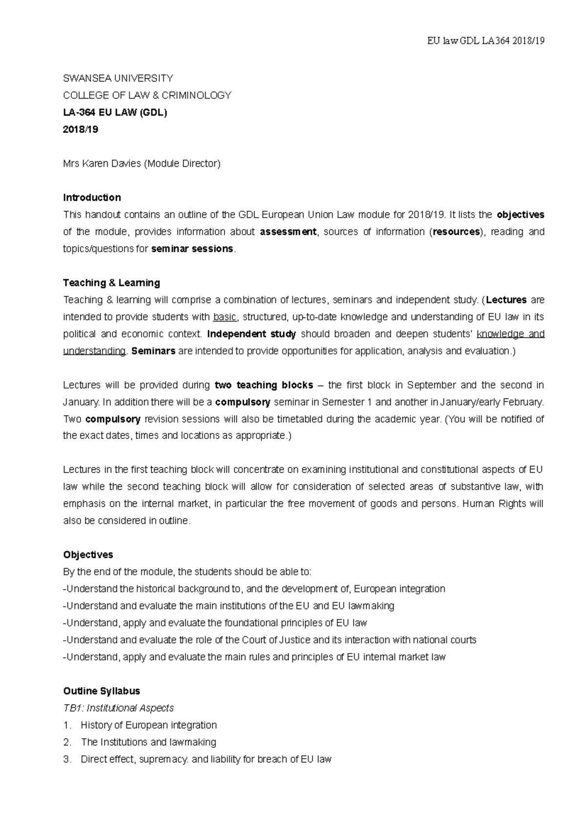 EU Law Module Handbook EU Law GDL LA364 2018 SWANSEA UNIVERSITY eu-law-module-handbook-eu-law-gdl-la364-2018-swansea-university