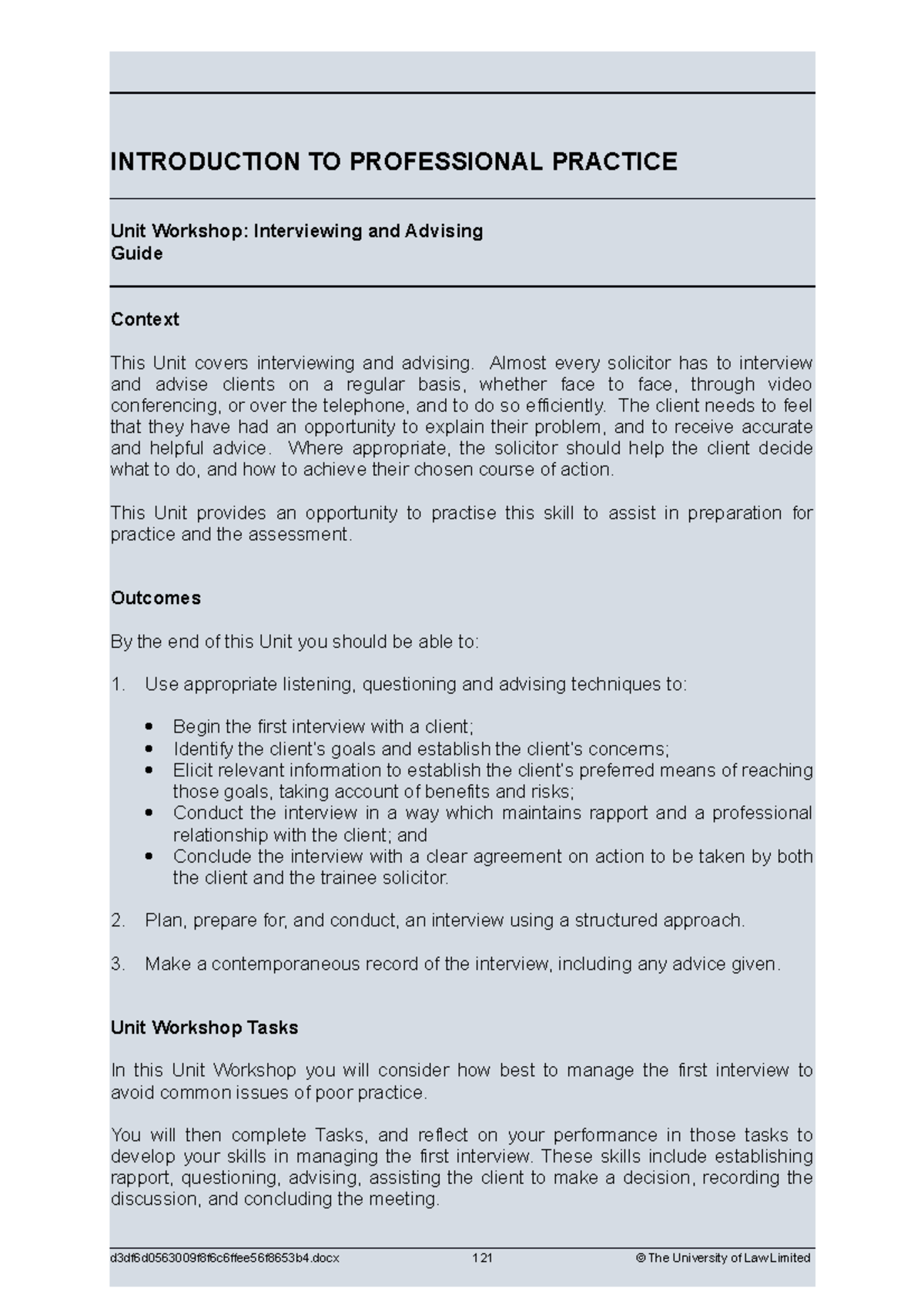 Interviewing Workshop Guide - INTRODUCTION TO PROFESSIONAL PRACTICE ...