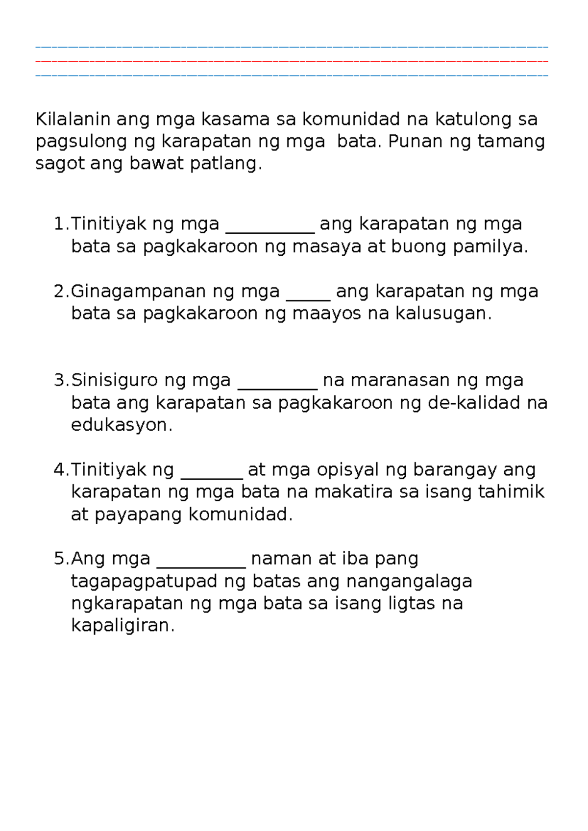 Activity Sheet Worksheet - Kilalanin ang mga kasama sa komunidad na ...