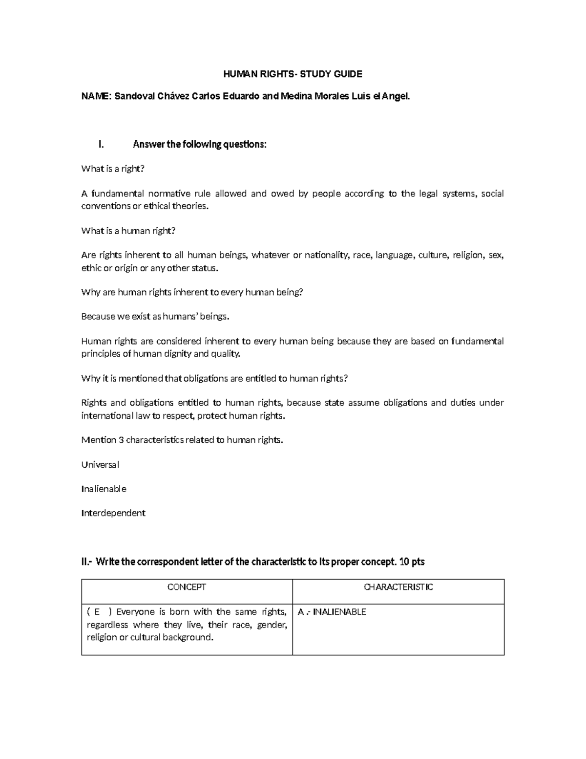 Human Rights study guide - HUMAN RIGHTS- STUDY GUIDE NAME: Sandoval ...