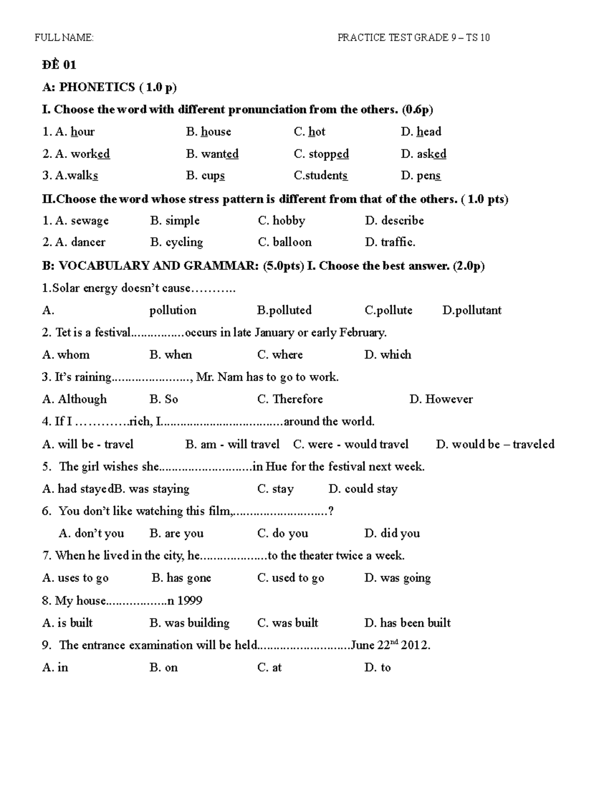 30 De Thi Tieng Anh Vao Lop 10 Khong Answer đã Chuyển đổi Full Name
