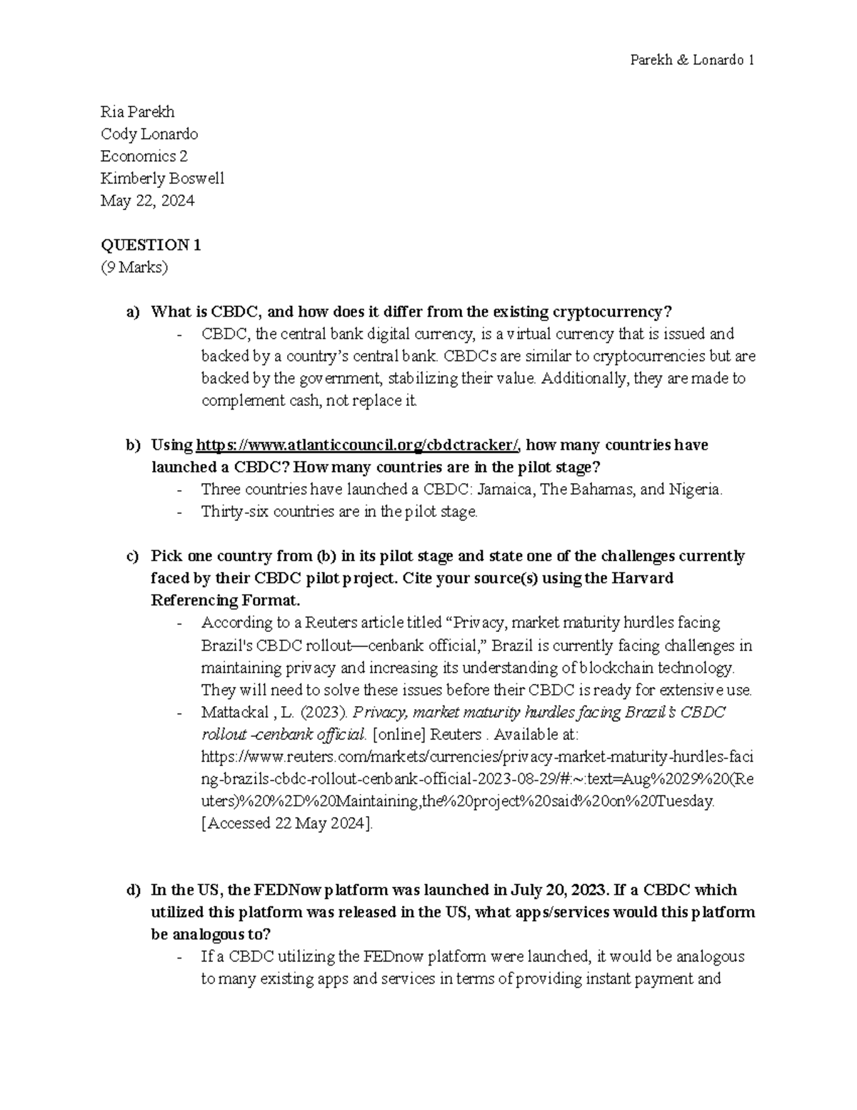 Assignment 2 - Economics 2 - Ria Parekh Cody Lonardo Economics 2 ...