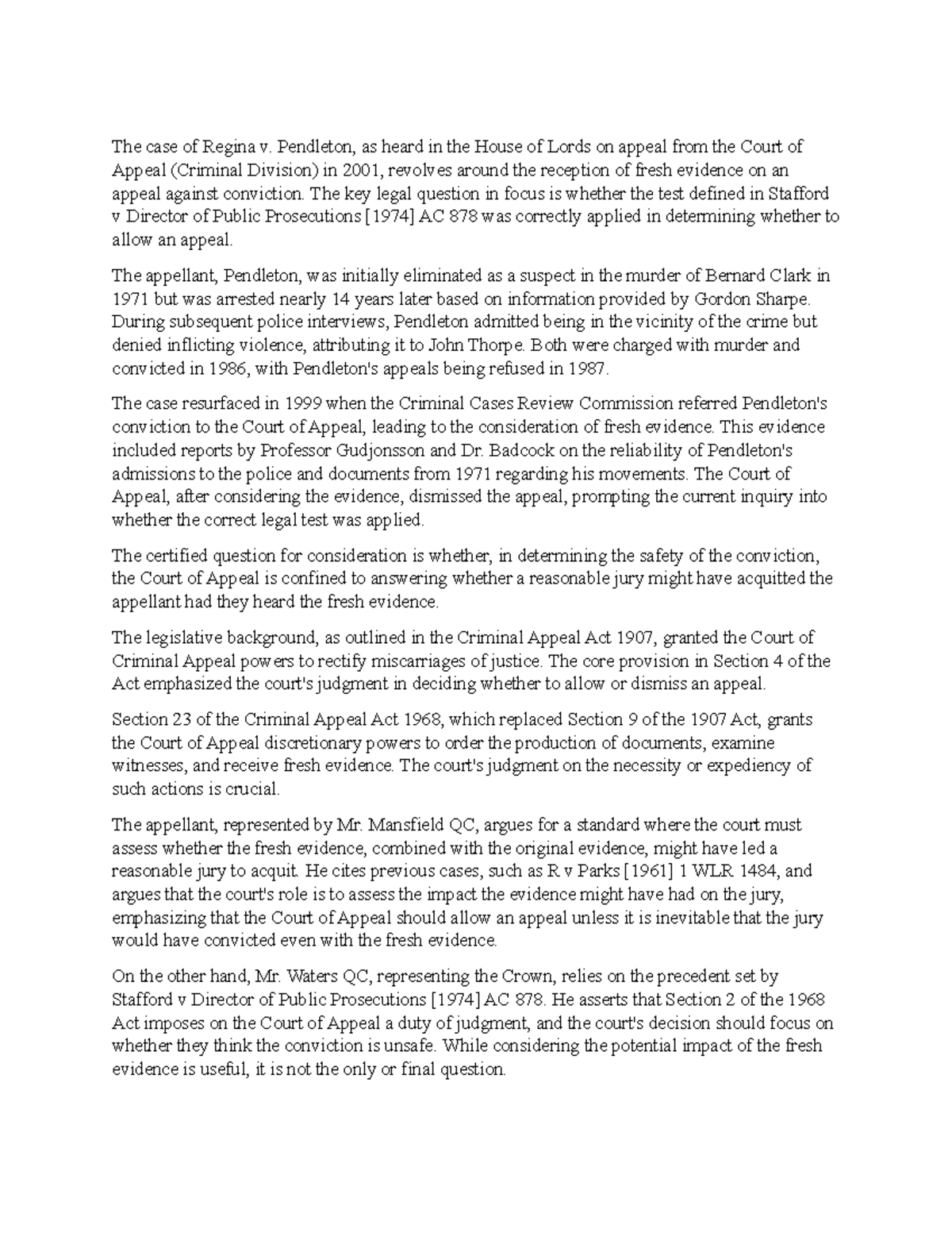 Regina v. Pendleton - The case of Regina v. Pendleton, as heard in the ...