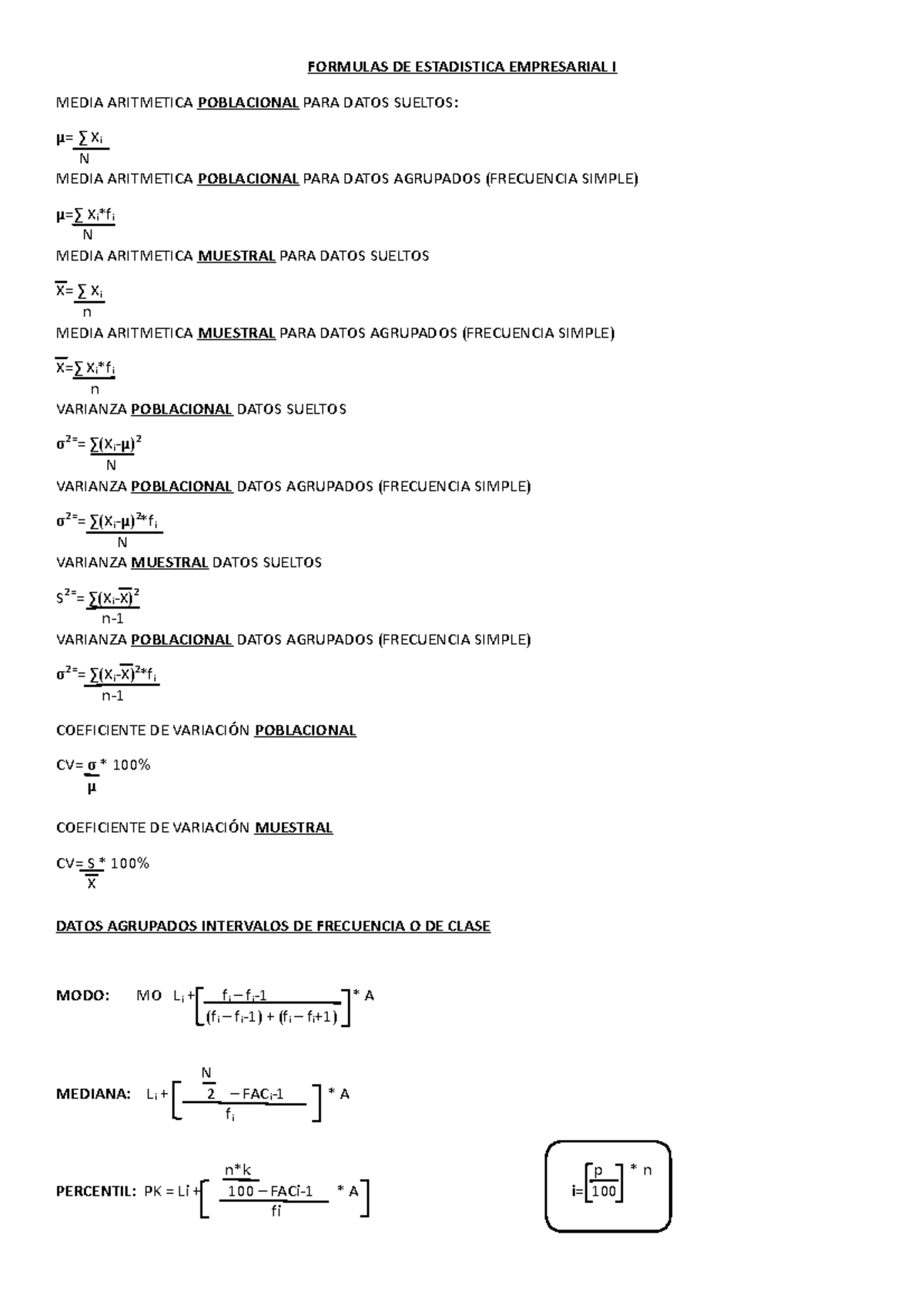 Formulas DE Estadistica Empresarial I -2023 - FORMULAS DE ESTADISTICA ...