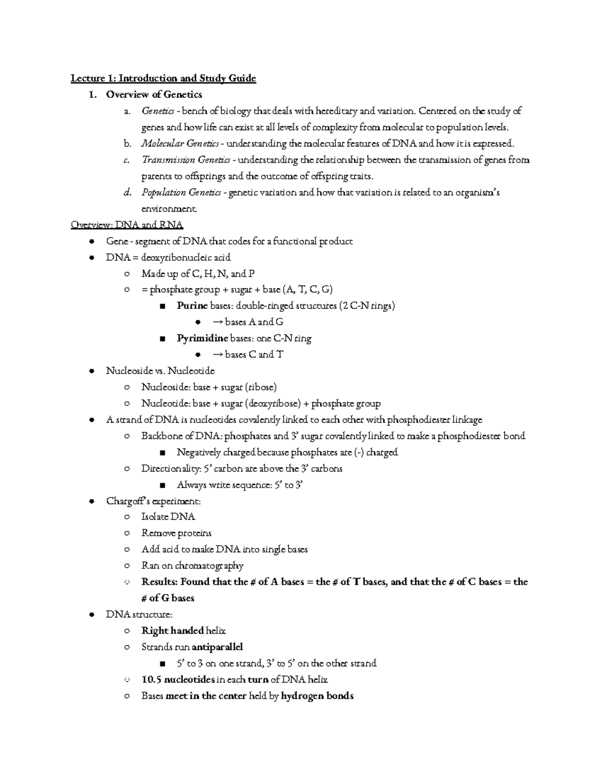 Bio Genetics Notes - Lecture 1: Introduction and Study Guide 1 ...