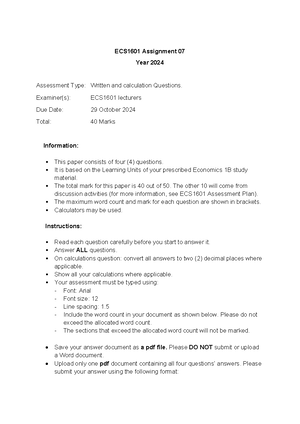 ECS1601 - Unisa - Economics IB - Studocu