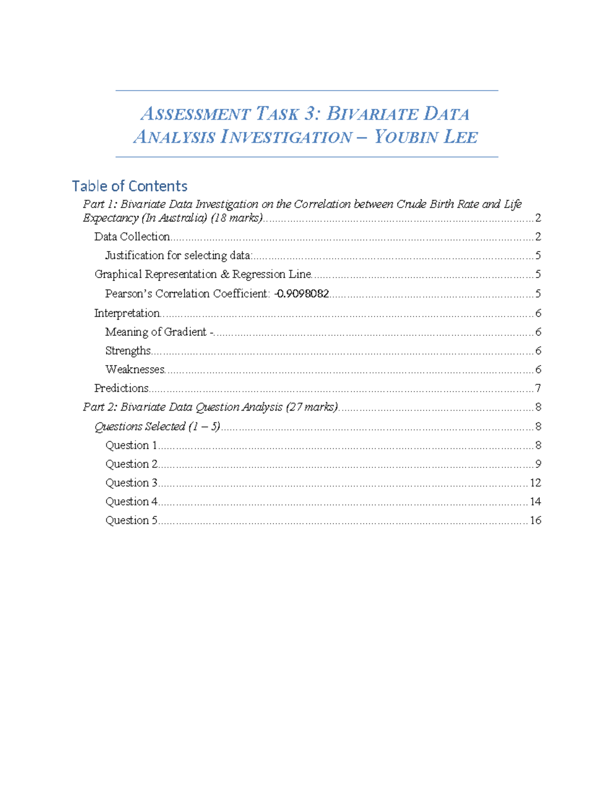 Assessment Task 3 Bivariate Data Analysis Investigation - ASSESSMENT ...