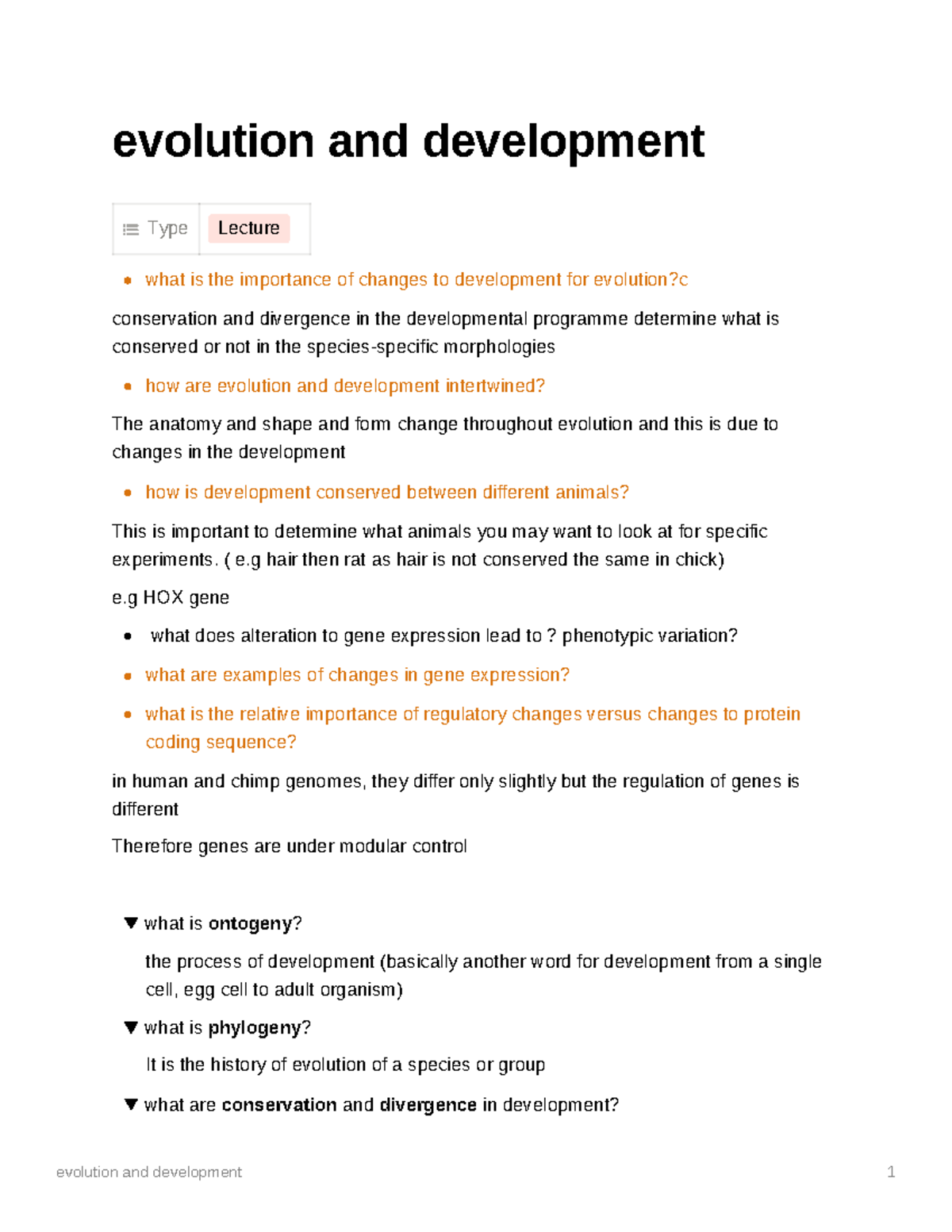 Evolution - notes - evolution and development Type Lecture what is the ...