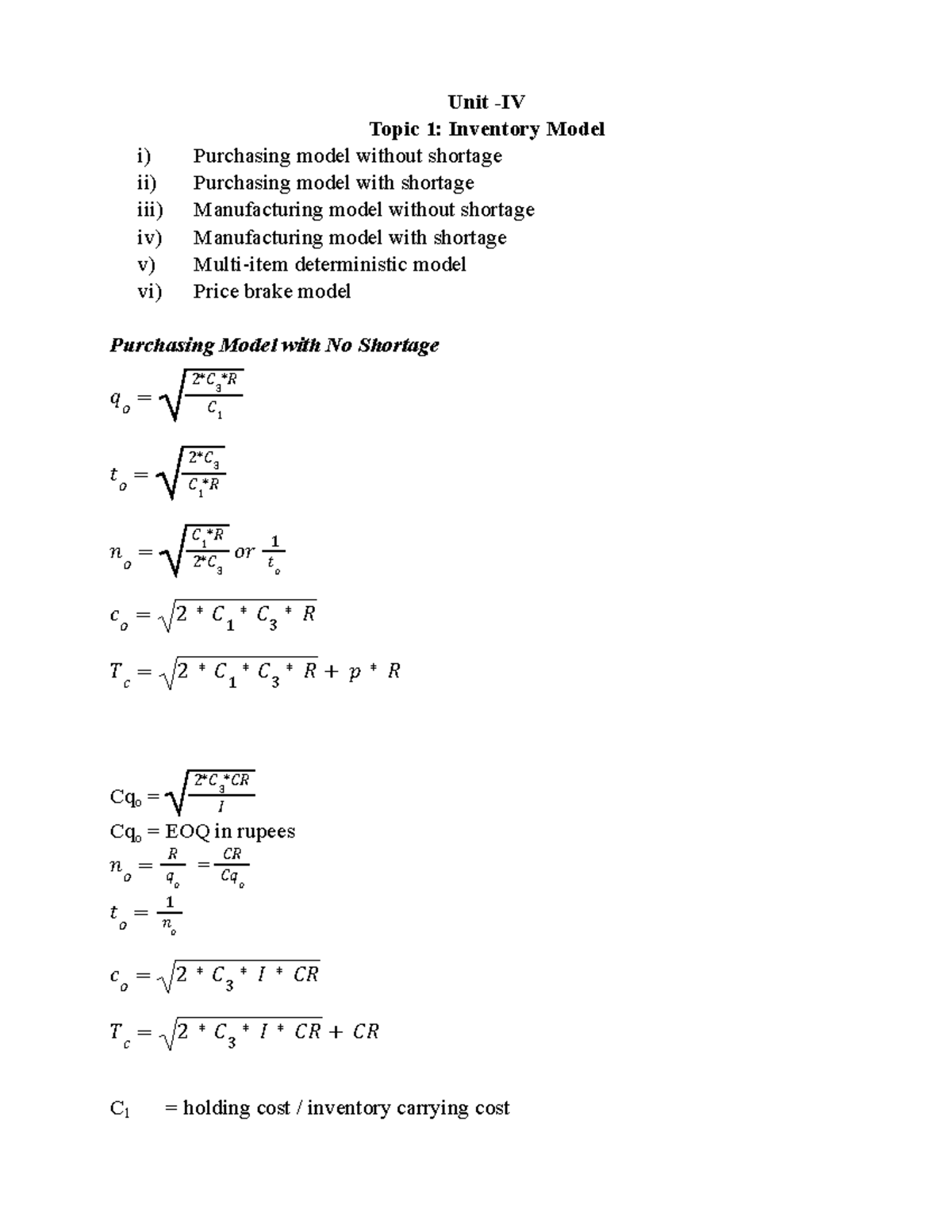 Unit-IV-Inventory Queueing-Model - Unit -IV Topic 1: Inventory Model i ...