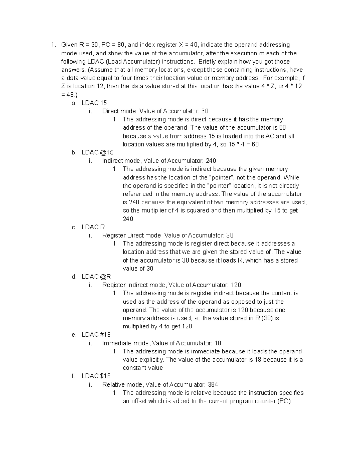 Homework 4 - Given R = 30, PC = 80, and index register X = 40, indicate ...