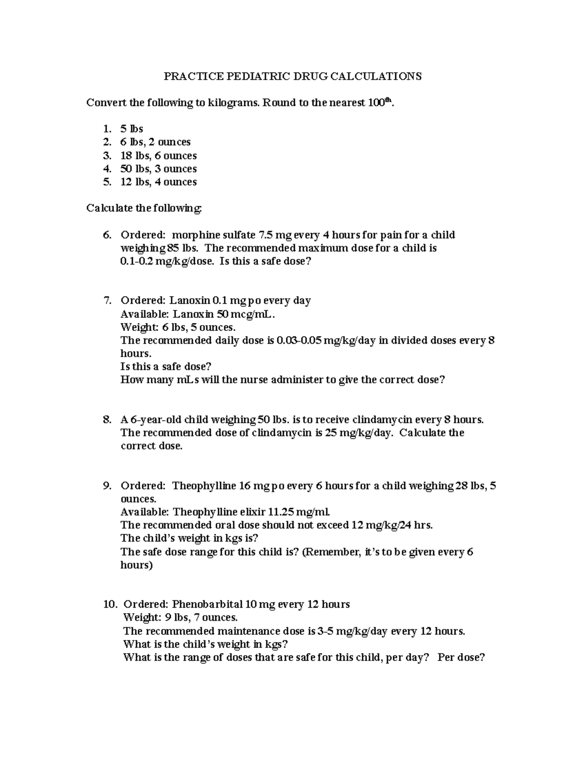 Practice Pediatric DRUG Calculations - PRACTICE PEDIATRIC DRUG ...