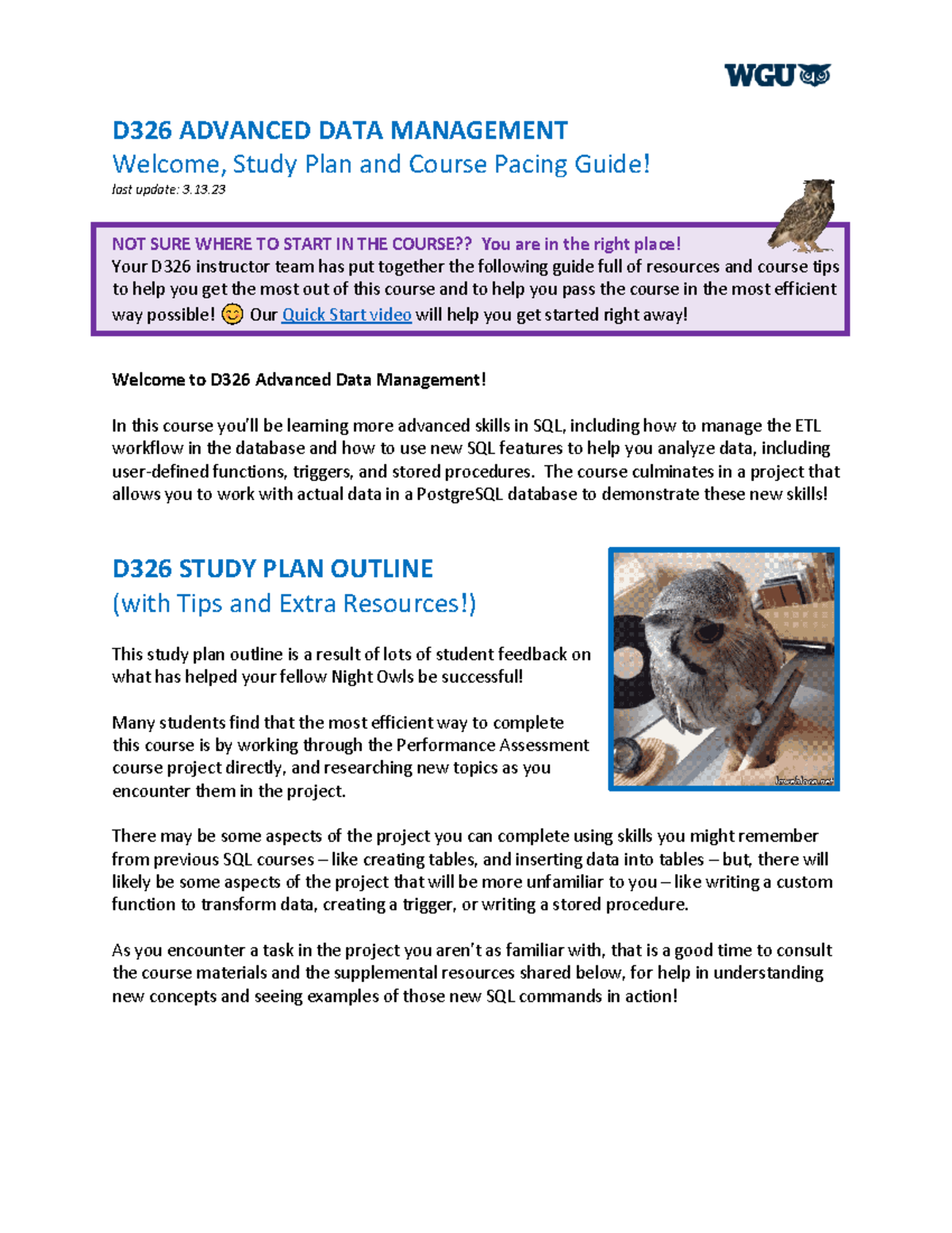 D326 Course Guide - D326 ADVANCED DATA MANAGEMENT Welcome, Study Plan ...