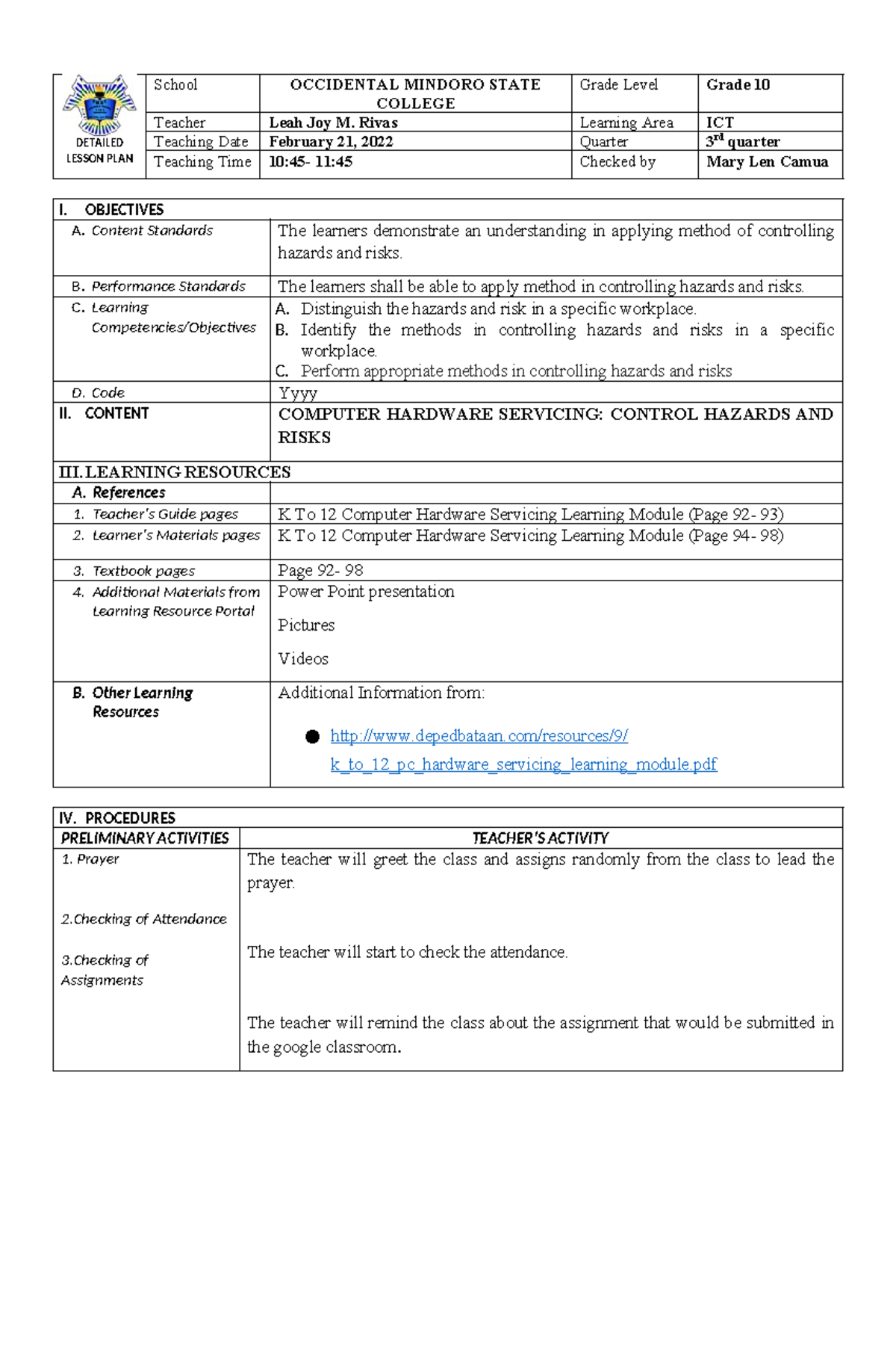 Lesson PLAN- Methods in Controlling Hazards and Risks - DETAILED LESSON ...