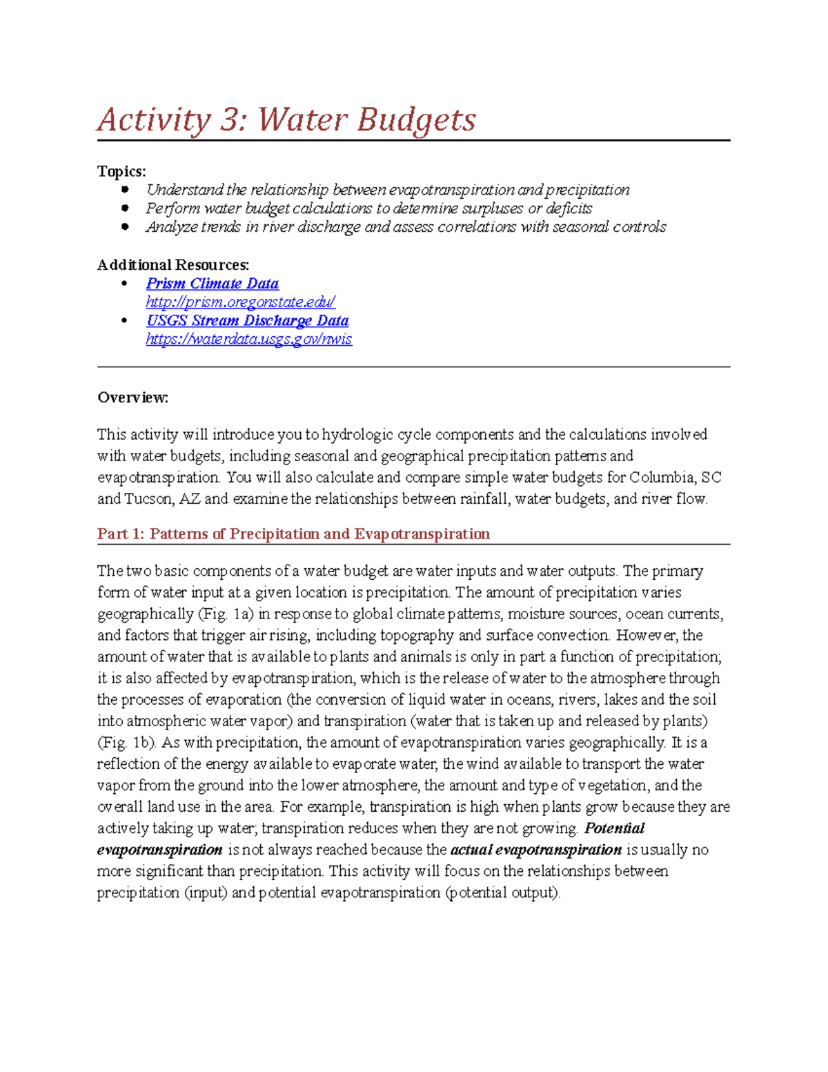 Activity 3 - Activity 3: Water Budgets Topics: Understand the ...