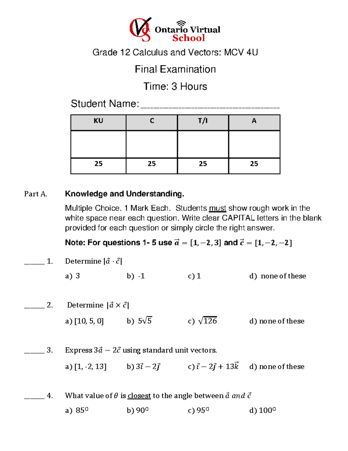 MCV4UFinal Exam - Final exam for calcalus - Grade 12 Calculus and ...