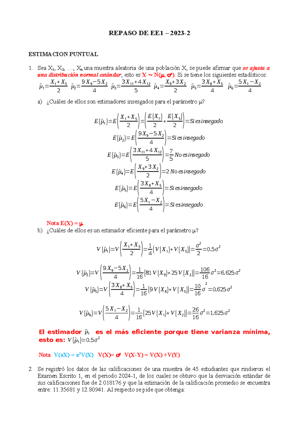 Repaso EE1 EST EMP II 2024-1 - REPASO DE EE1 – 2023- ESTIMACION PUNTUAL 1. Sea X 1 , X 2 ...